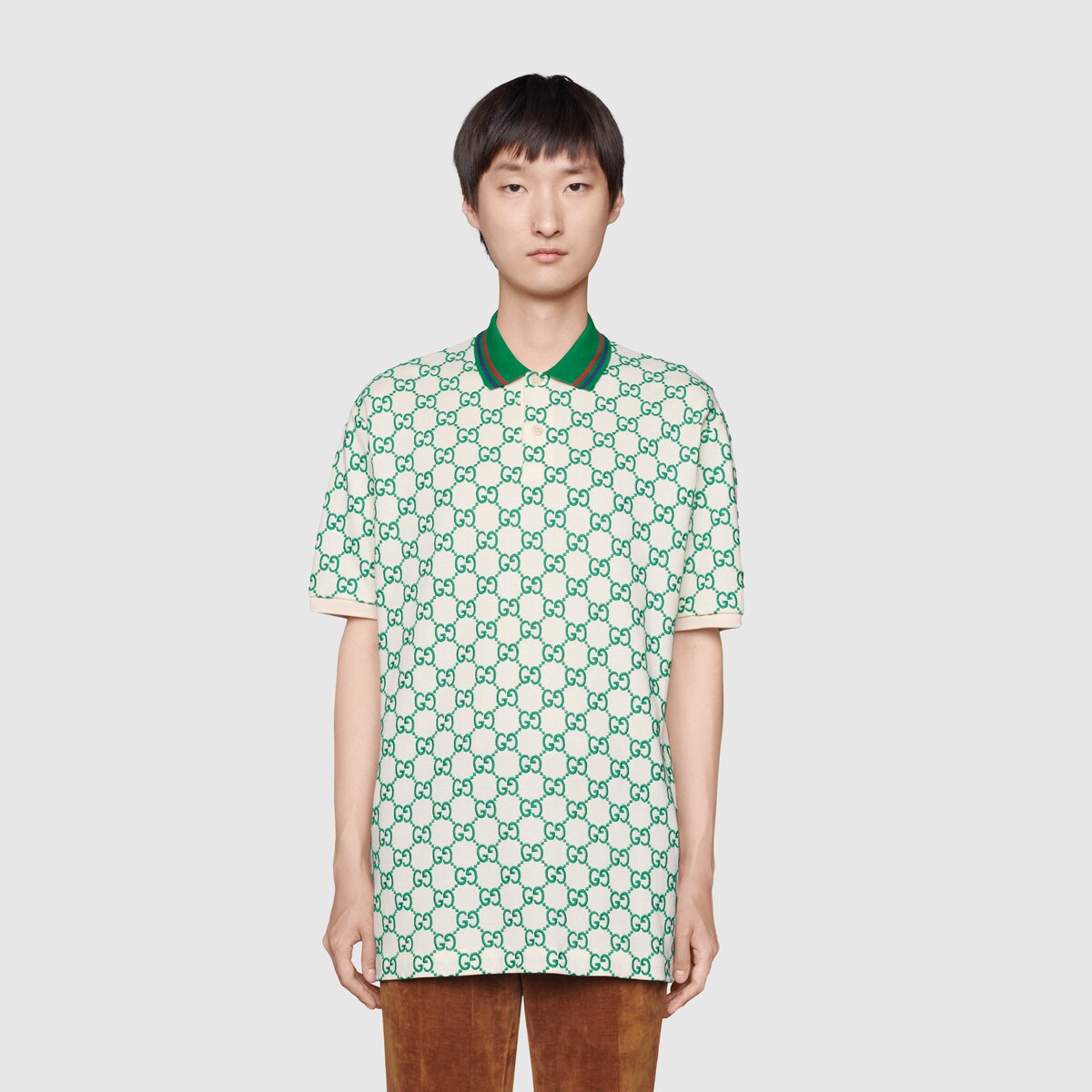 GG stretch cotton polo in off-white and green | GUCCI® NZ