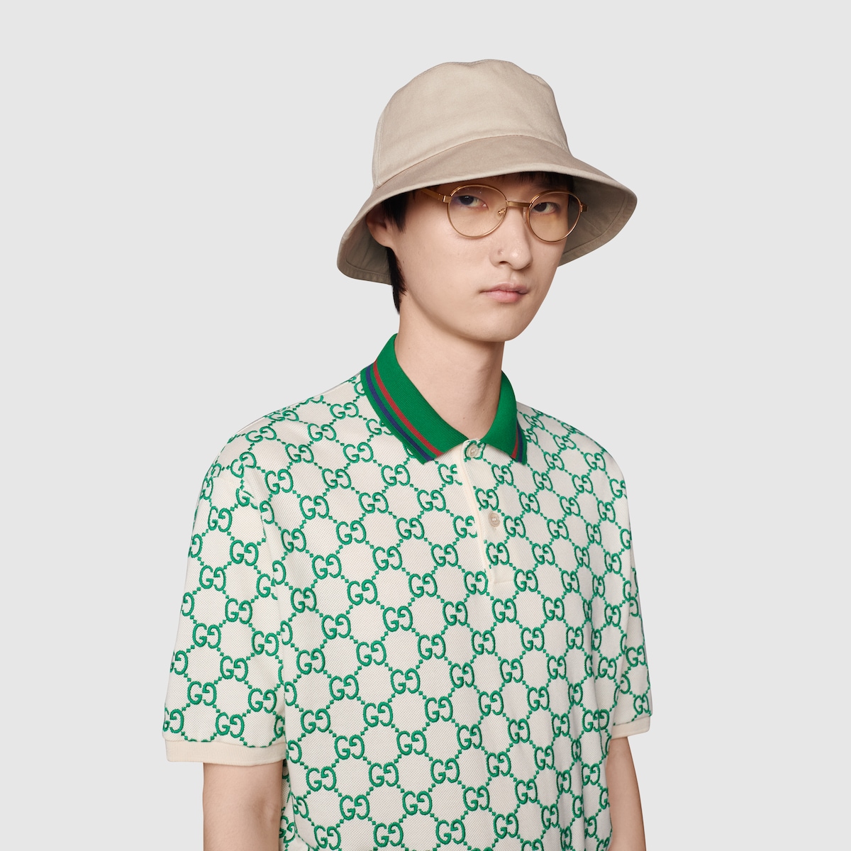 GG stretch cotton polo in off-white and green | GUCCI® NZ