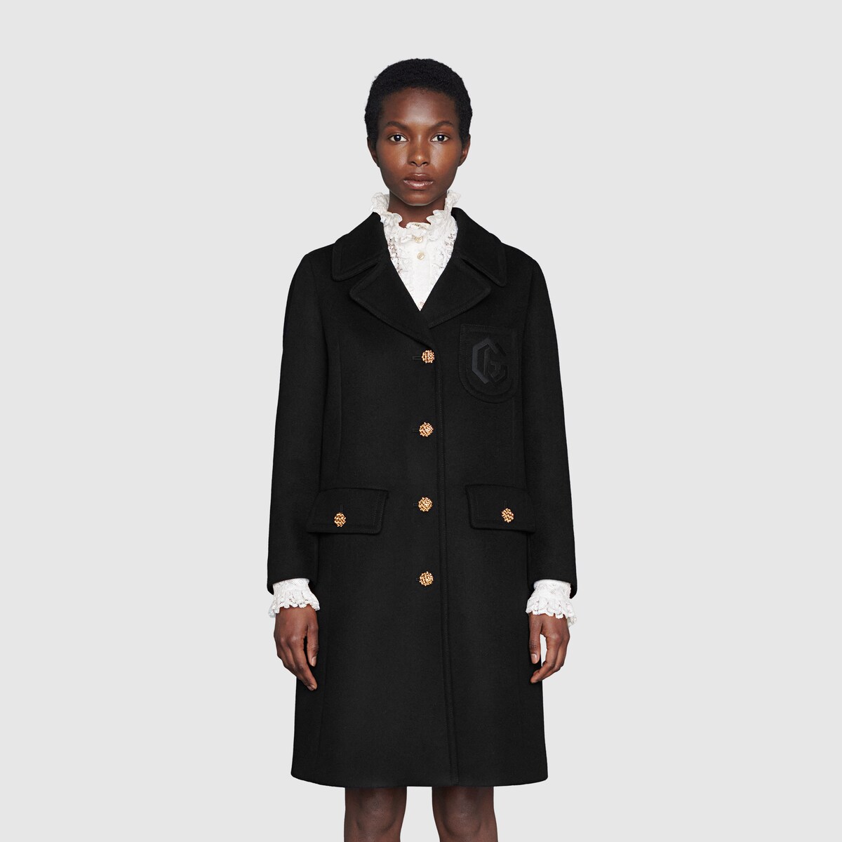 Double G embroidery wool coat in black | GUCCI® US