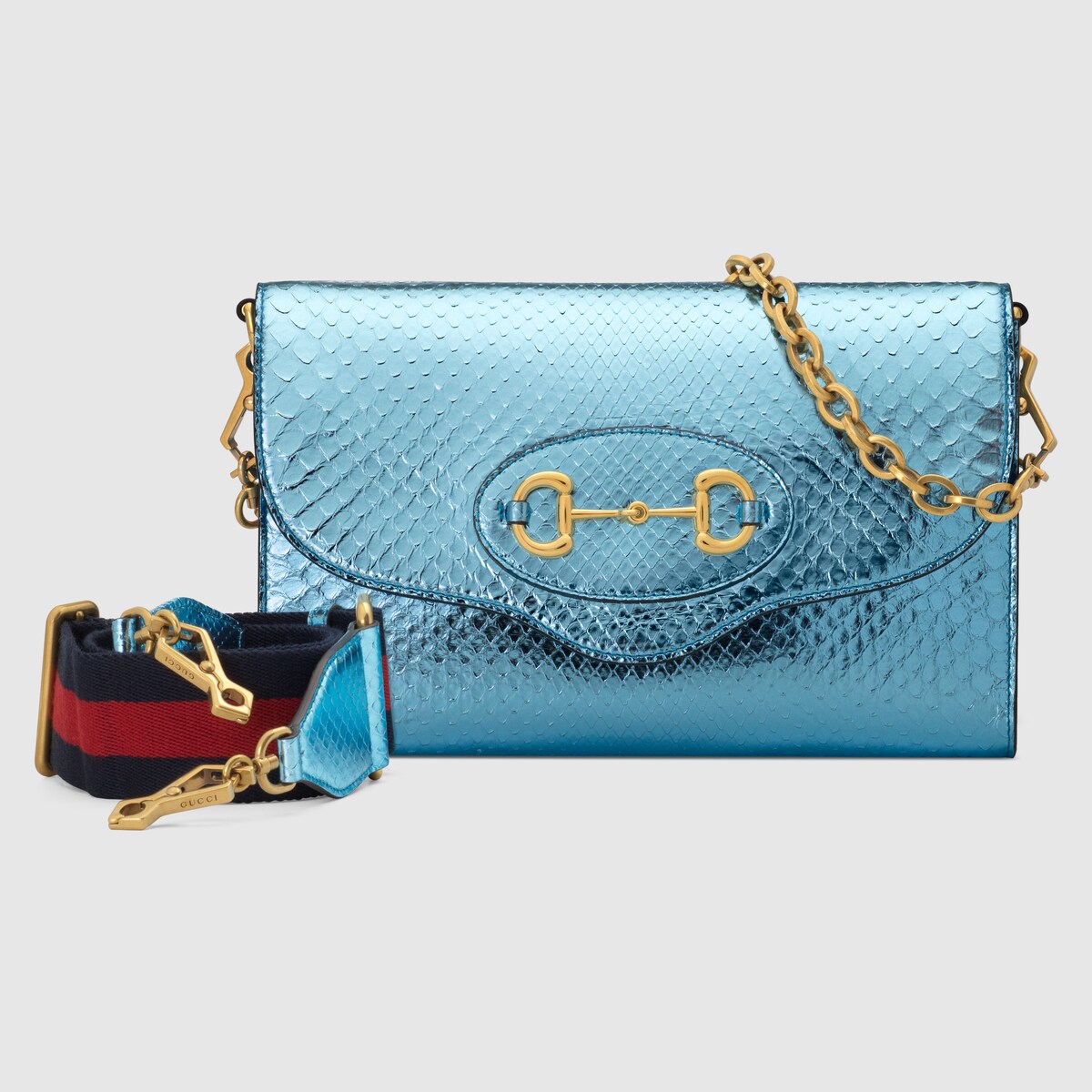 Gucci Horsebit 1955 python small shoulder bag in sky blue lamé python | GUCCI® SG