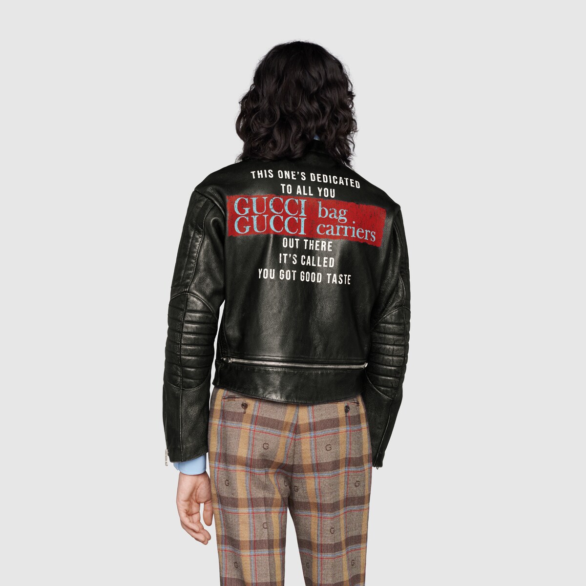 Leather biker jacket with 'You Got Good Taste' print in black | GUCCI® UK