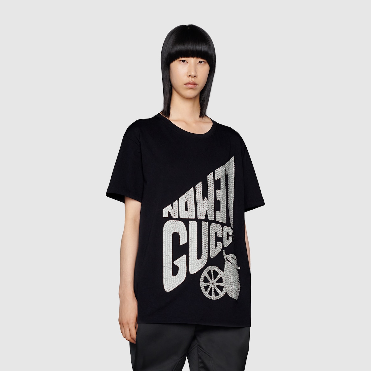 Crystal 'Lemon Gucci' cotton T-shirt in black | GUCCI® Canada