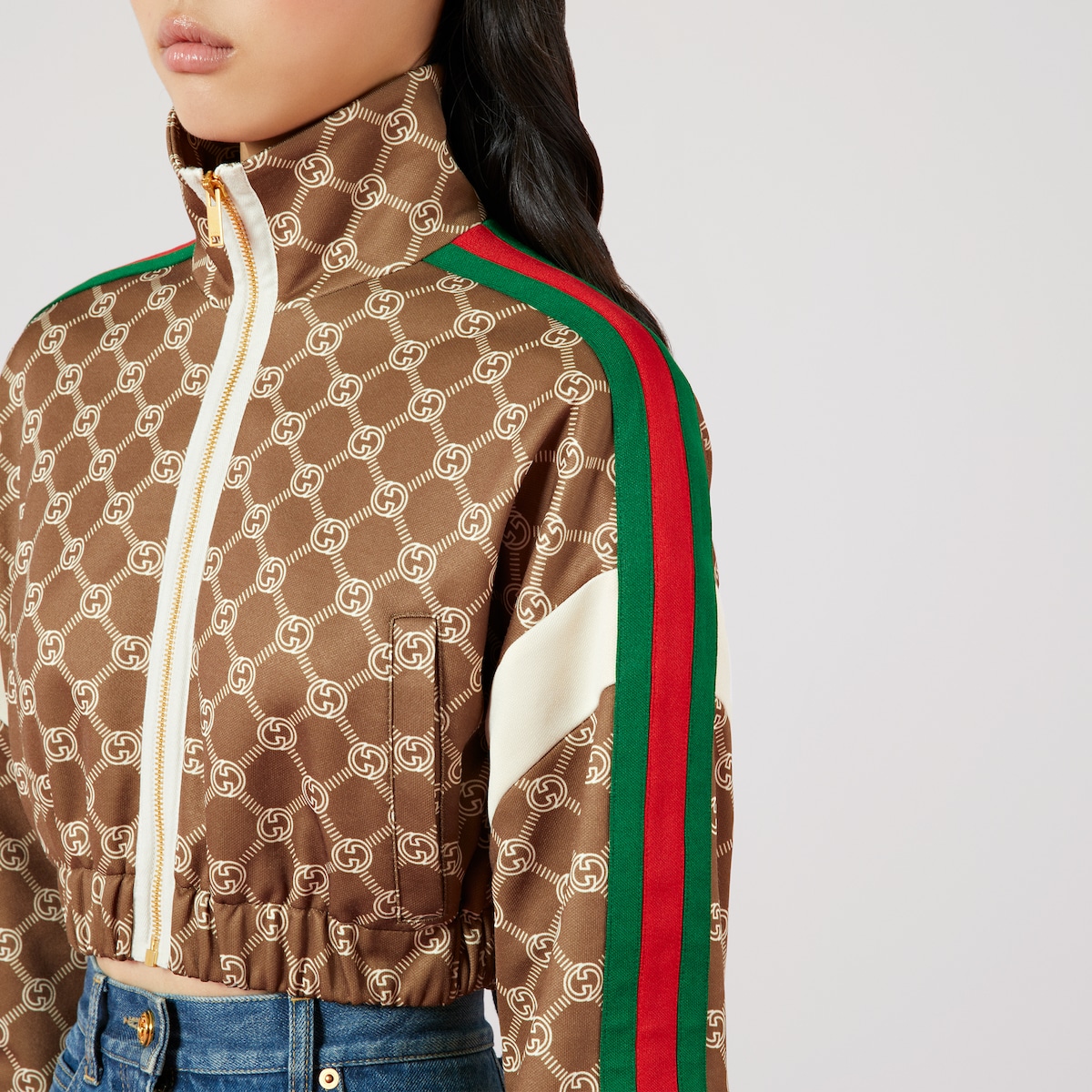 Interlocking G zipper jacket in olive green and ivory | GUCCI® Canada