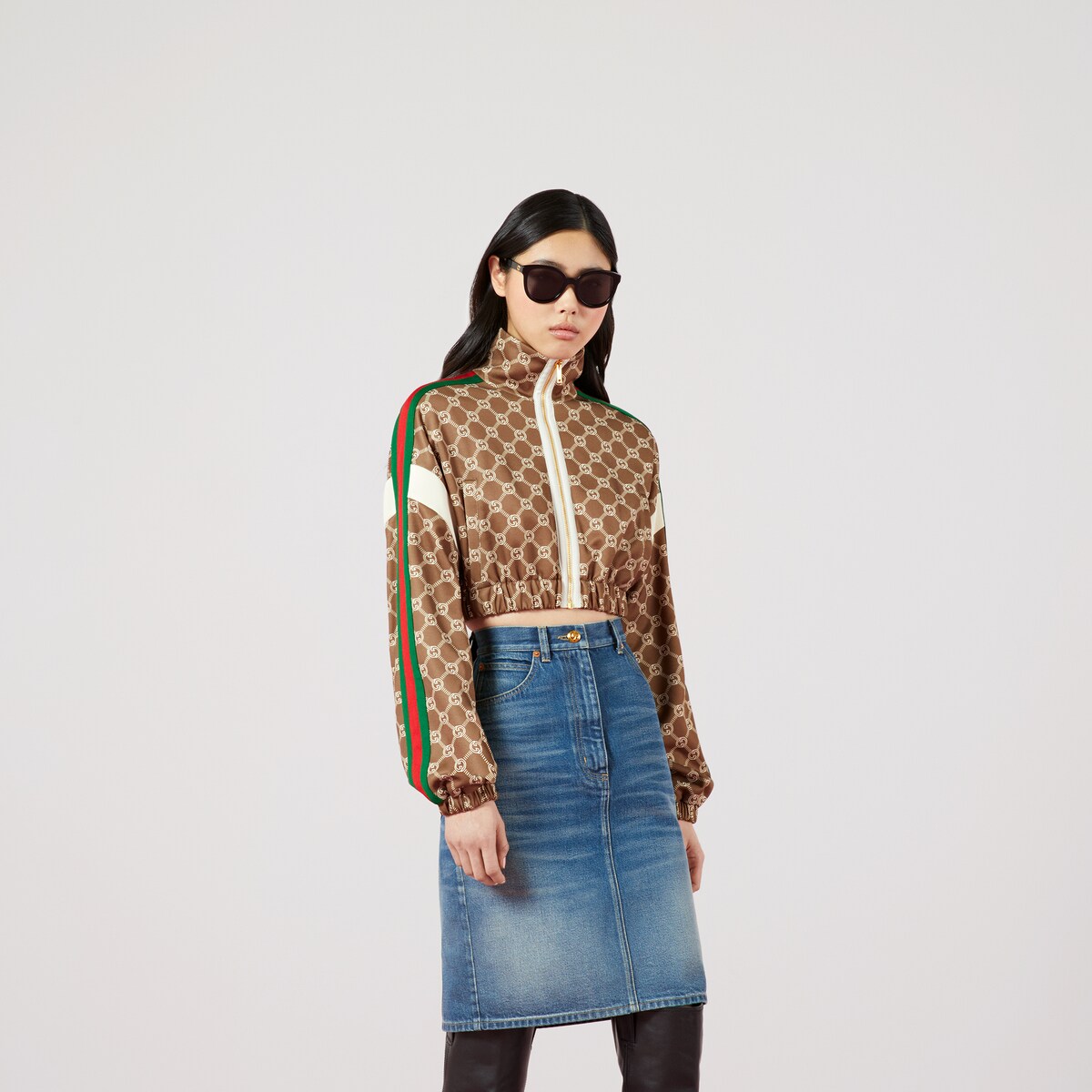 Interlocking G zipper jacket in olive green and ivory | GUCCI® Canada