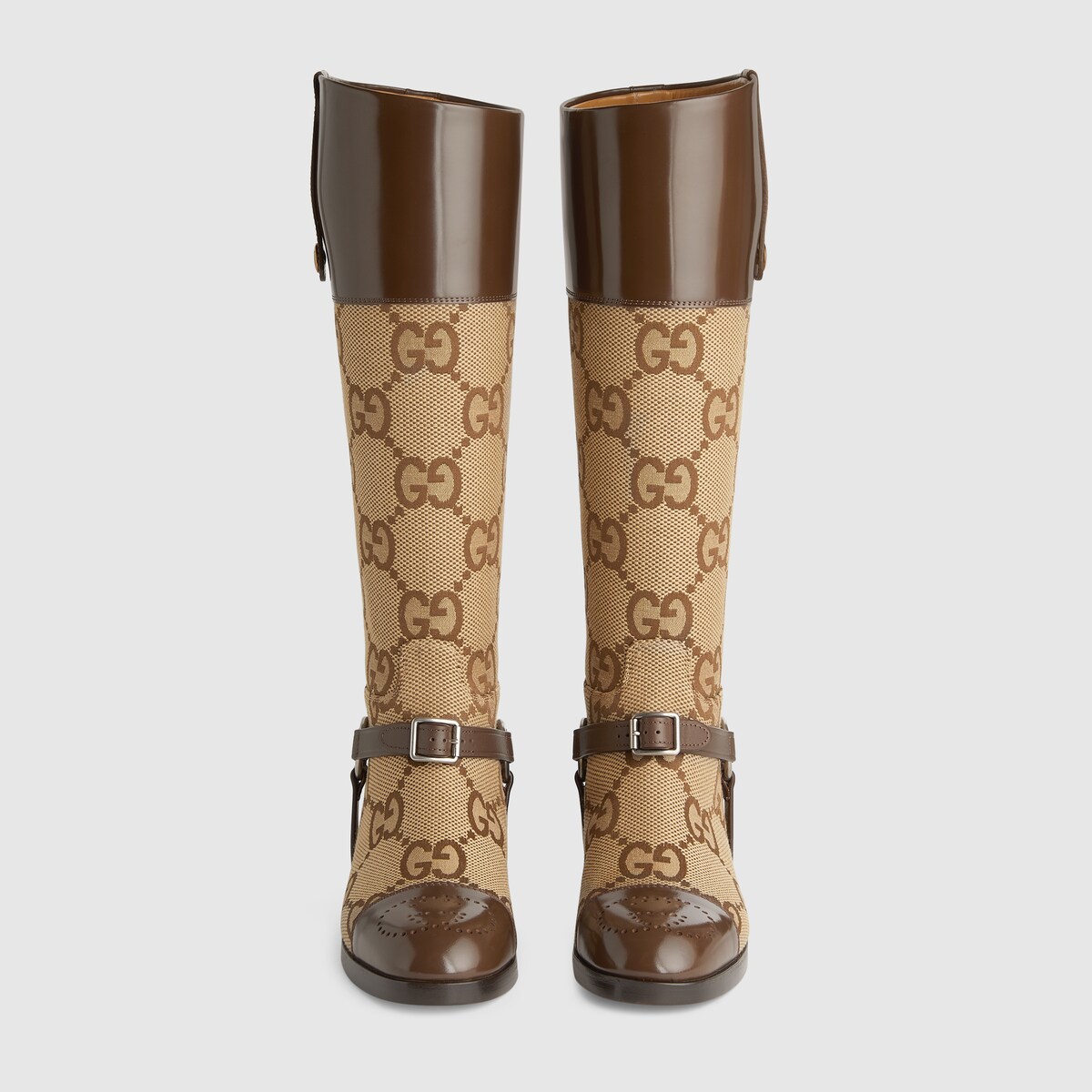 Knee-high boot with harness in beige and ebony GG canvas | GUCCI® UK