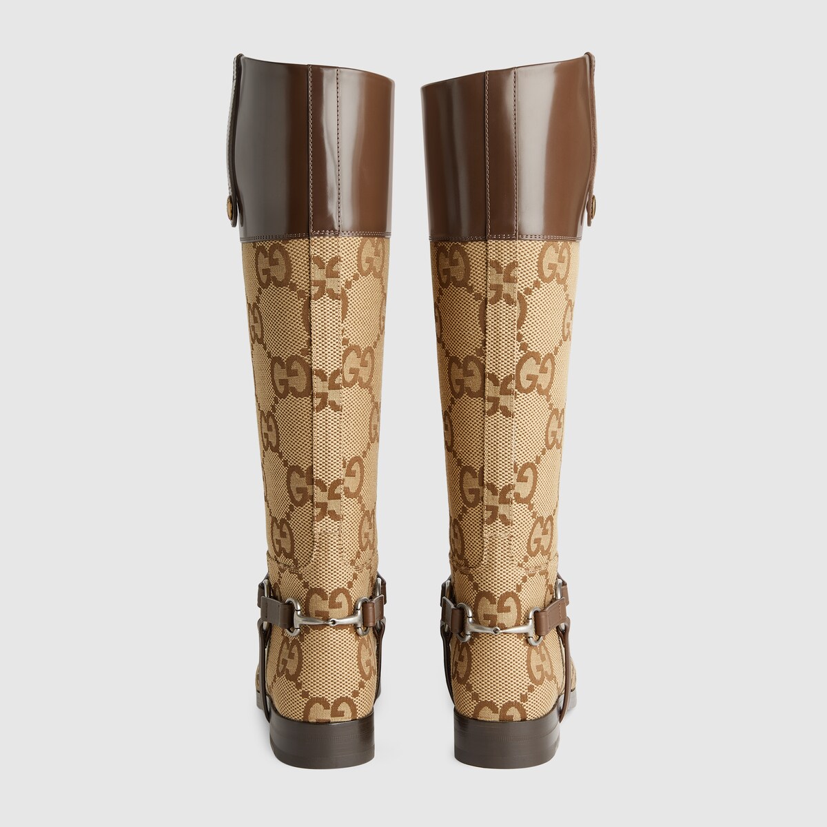 Knee-high boot with harness in beige and ebony GG canvas | GUCCI® UK
