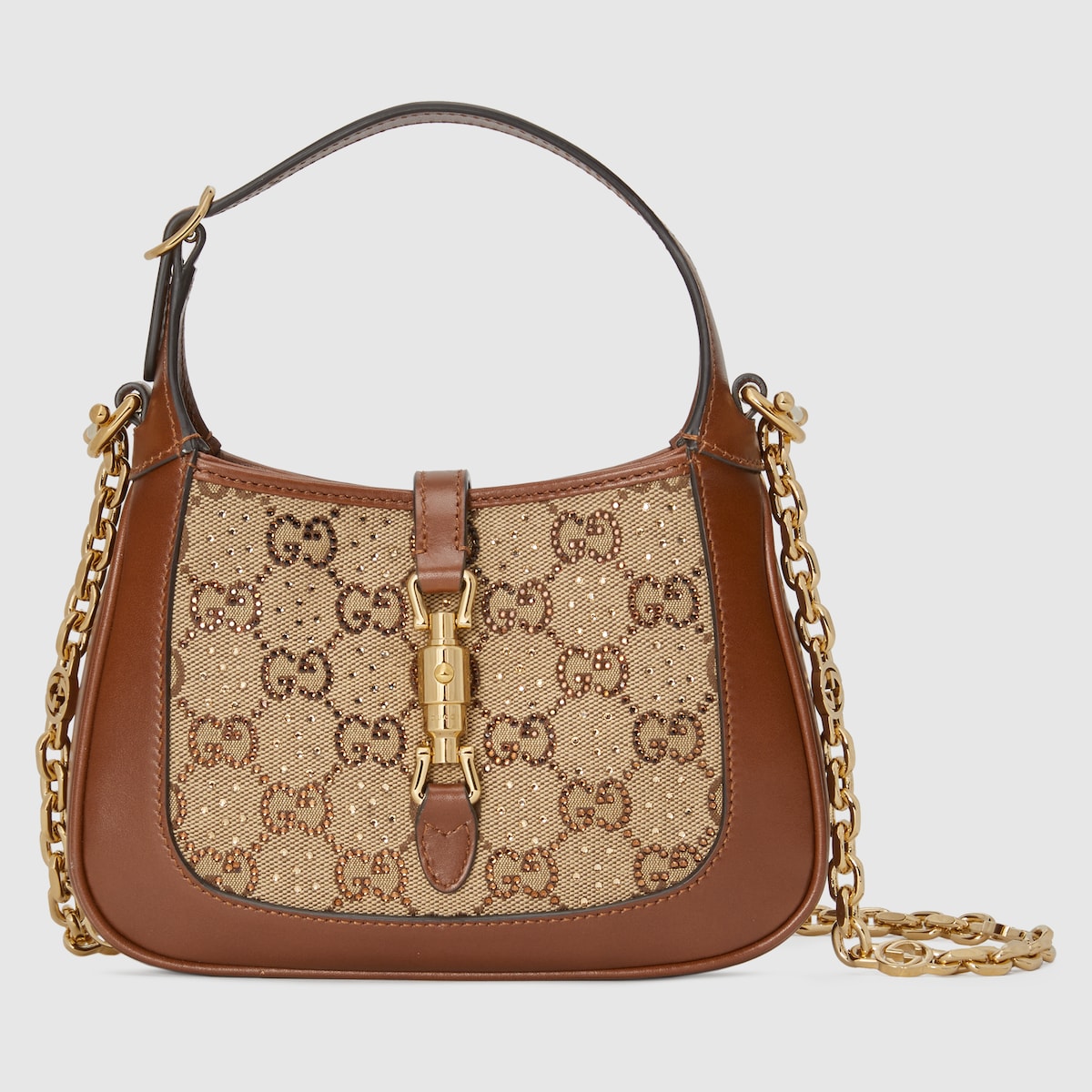 Gucci Jackie 1961 crystals mini bag in camel and dark brown GG canvas | GUCCI® BG