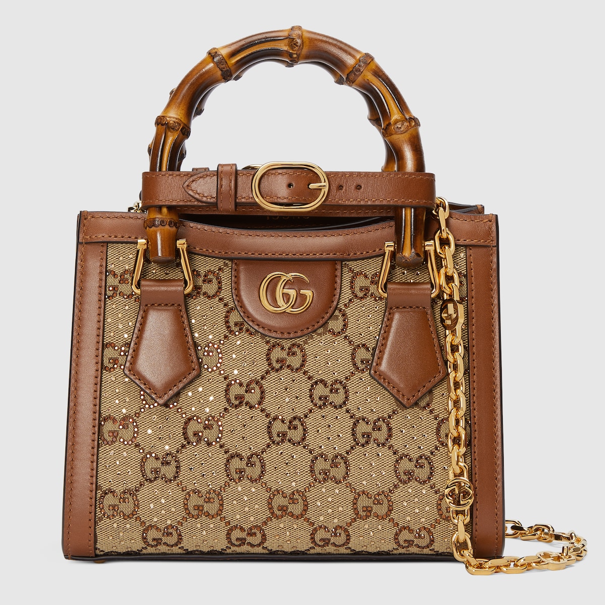 Gucci Diana crystals small tote bag in camel and dark brown GG canvas ...
