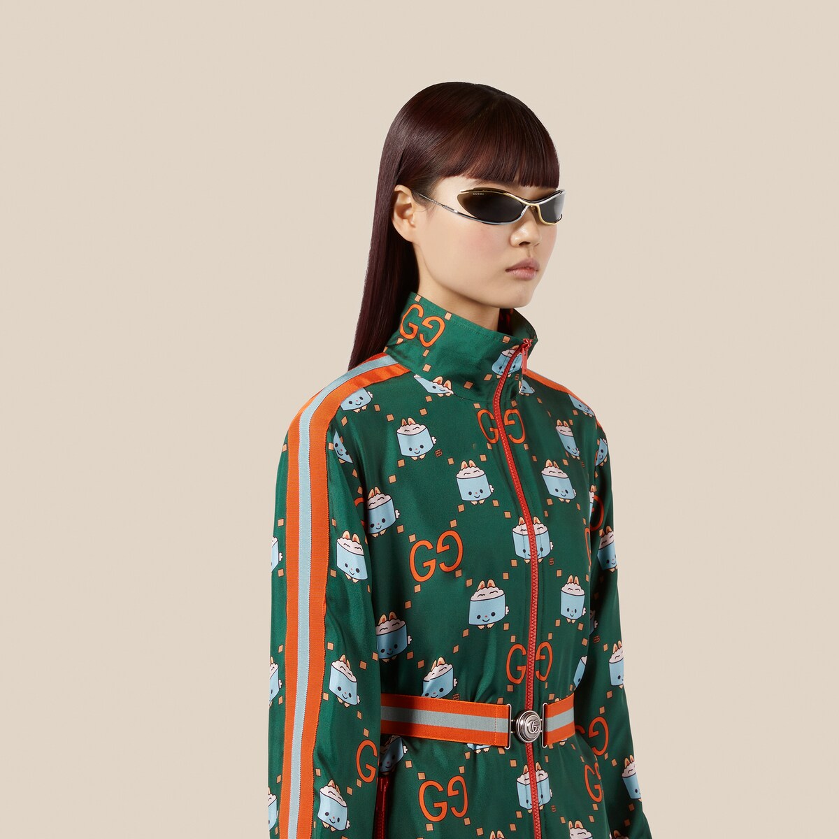 GG animal print silk zip jacket in green and red | GUCCI® Canada