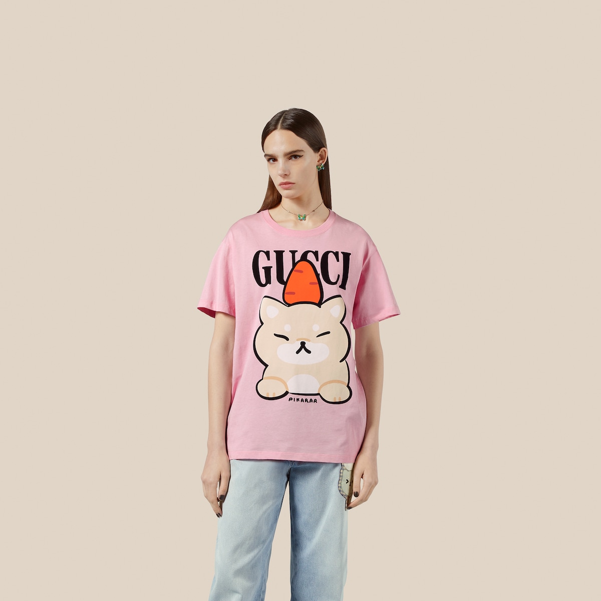 Gucci animal print cotton T-shirt in pink | GUCCI® NZ