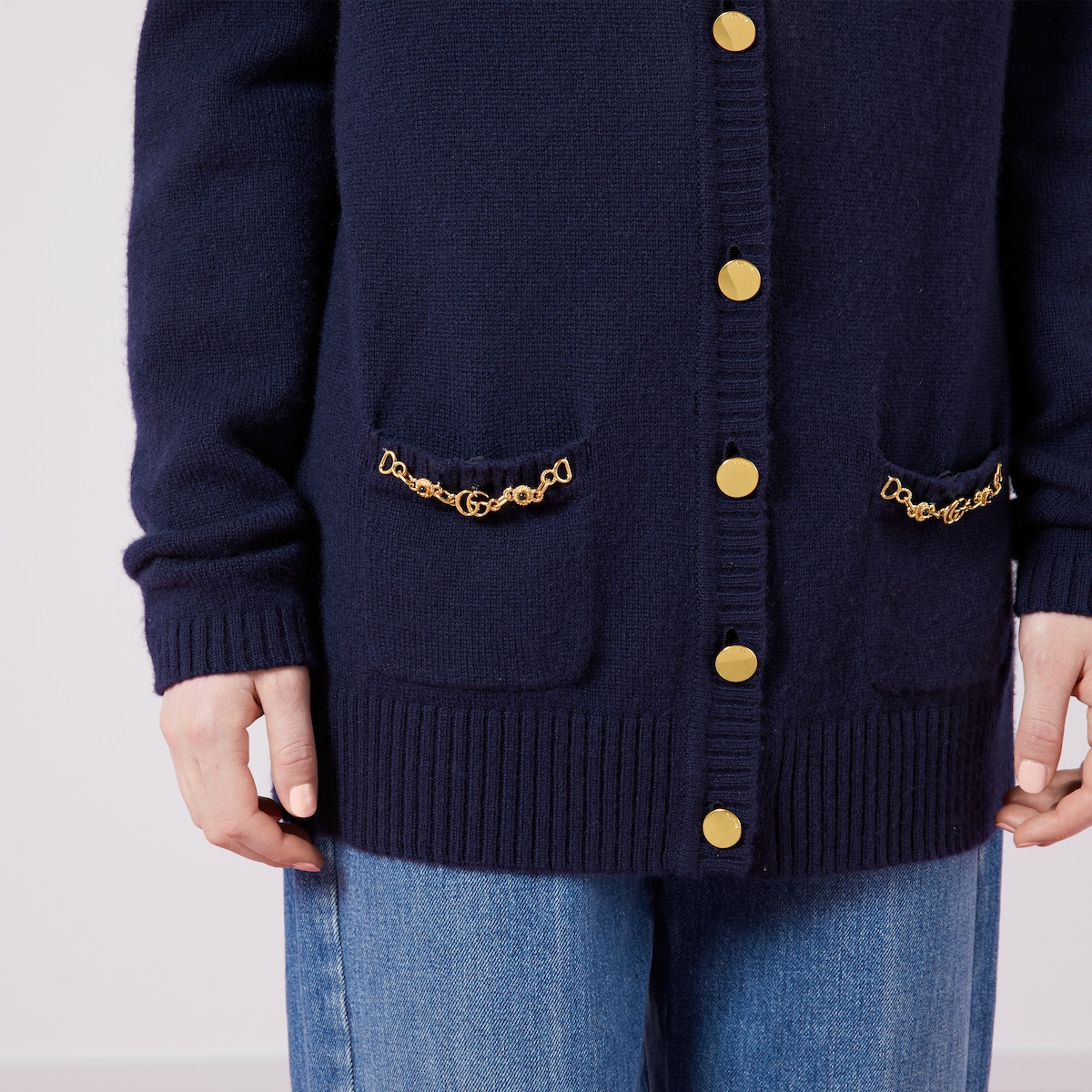 Cashmere cardigan with chain detail in dark blue | GUCCI® US