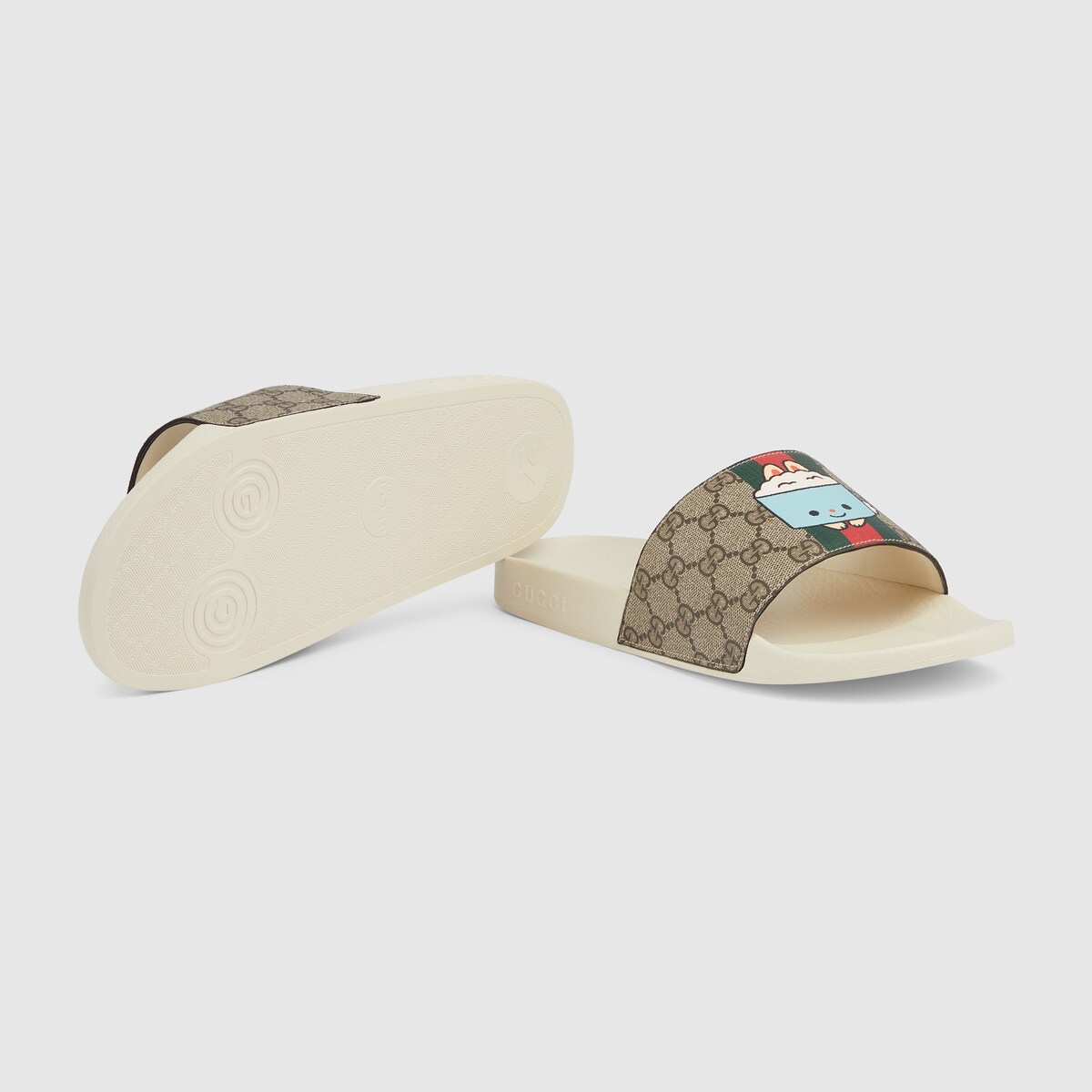 Men's Web animal print slide sandal in white and GG Supreme | GUCCI® HU