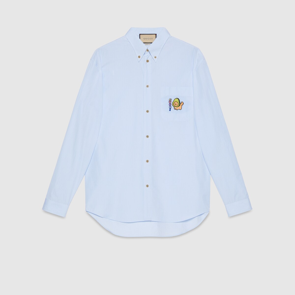Cotton shirt with animal embroidery in light blue and white | GUCCI ...