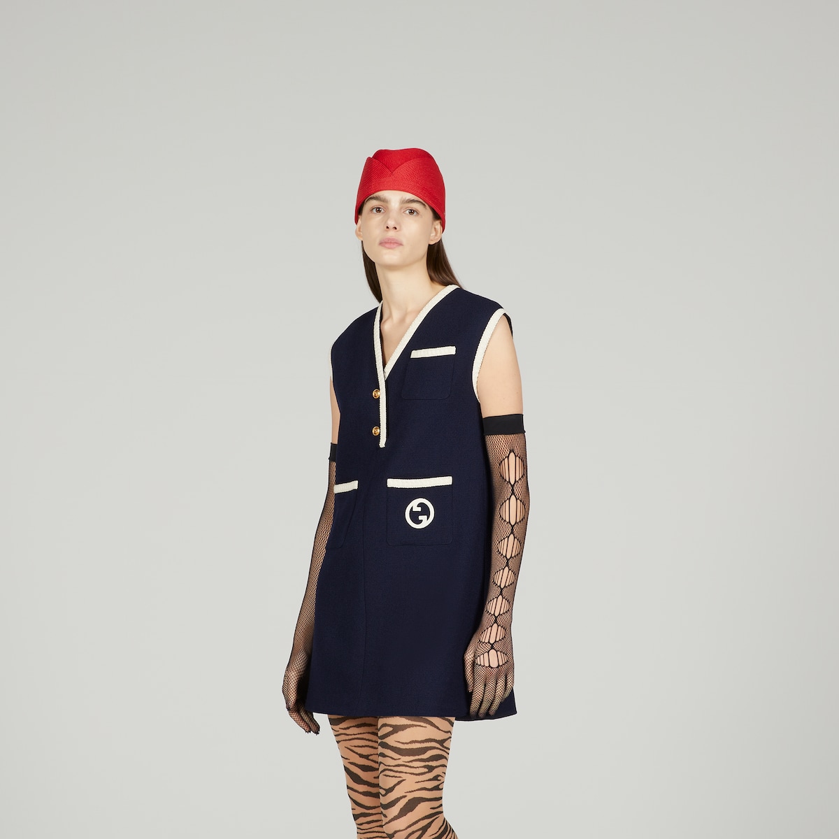 Retro tweed mini dress with Interlocking G in dark blue | GUCCI® UK