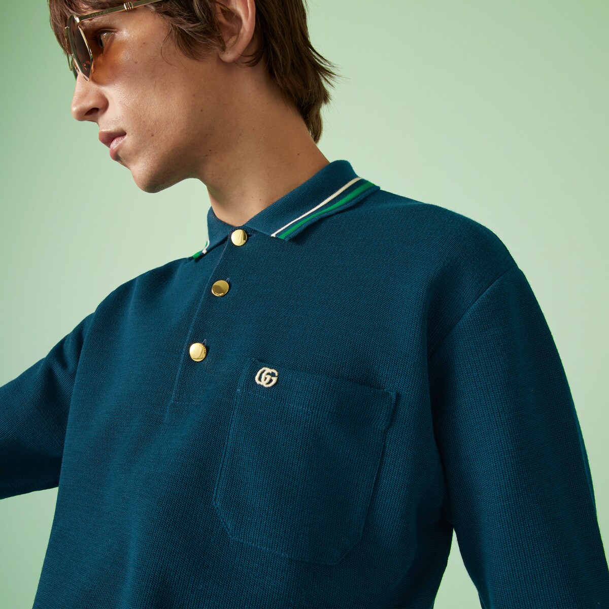 Wool cotton jersey polo shirt in dark blue | GUCCI® Australia