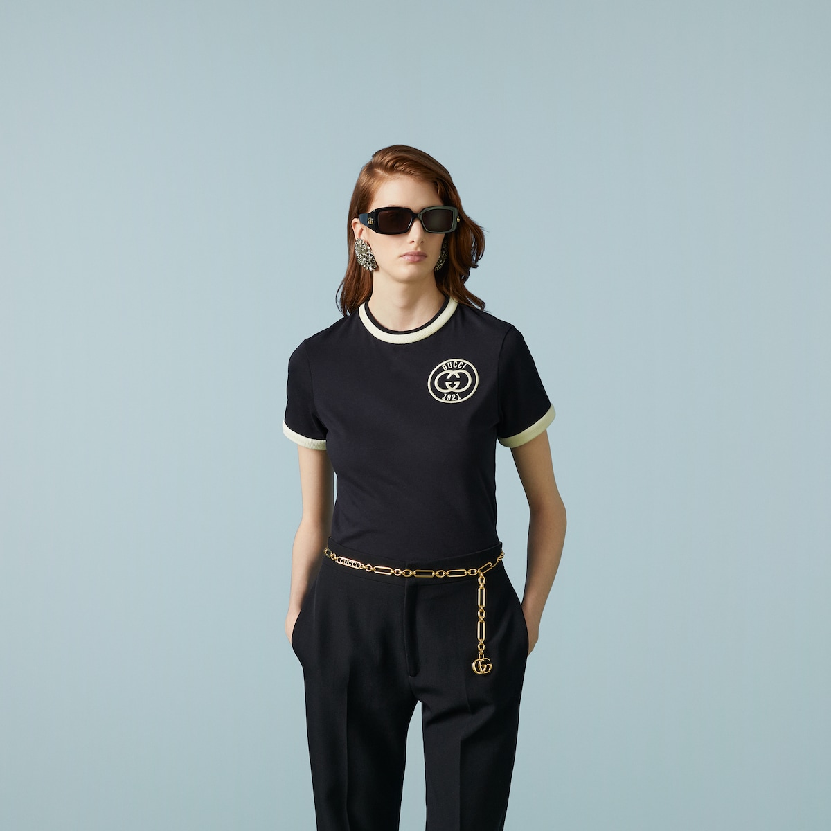 Cotton jersey T-shirt with embroidery in black | GUCCI® US