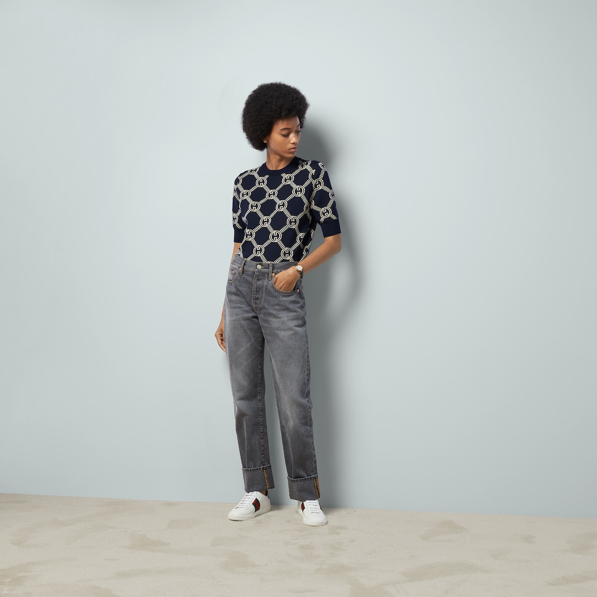 Reversible GG wool jacquard top in blue and ivory | GUCCI® US