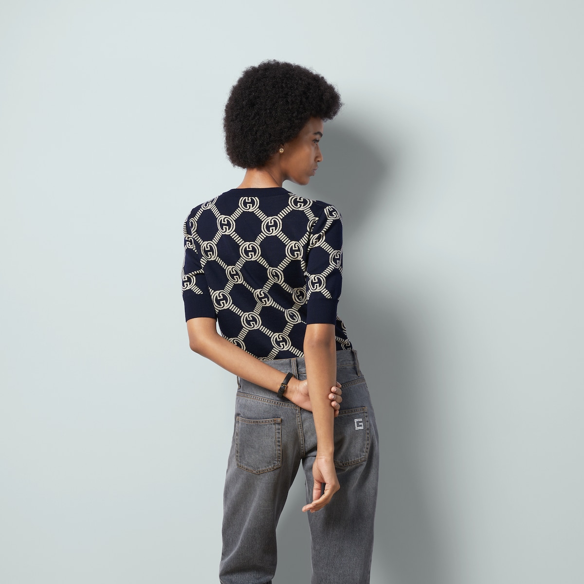 Reversible GG wool jacquard top in blue and ivory | GUCCI® US