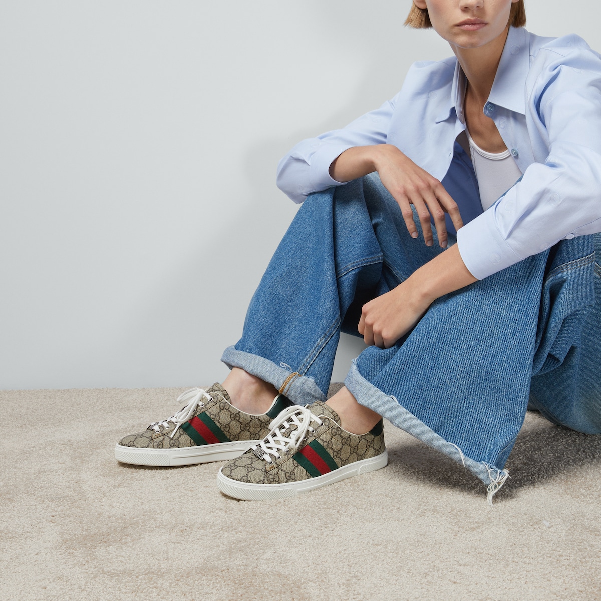 Women's Gucci Ace trainer with Web in beige and ebony Supreme | GUCCI® TR