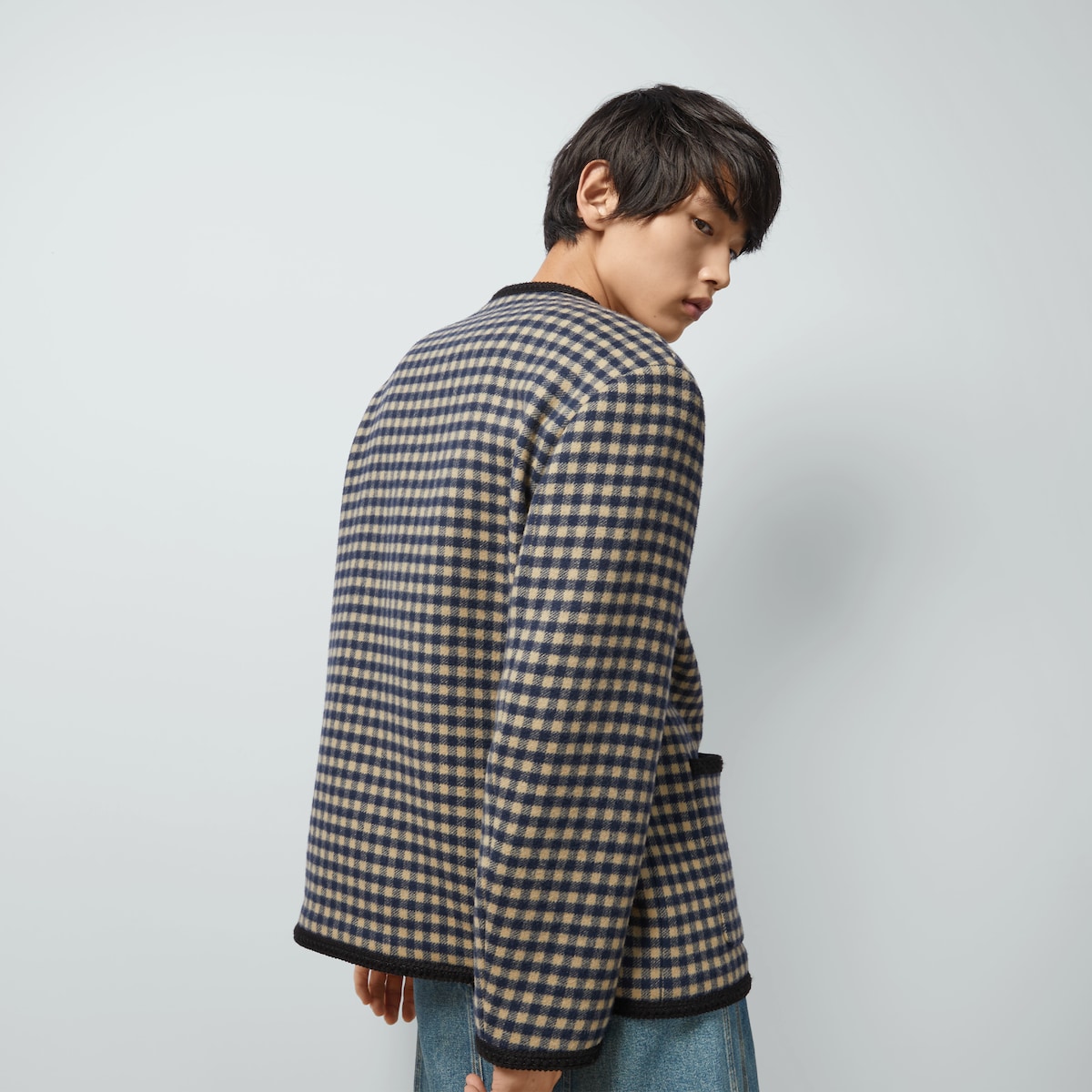 Wool gingham jacket with Interlocking G in beige and blue | GUCCI® 香港
