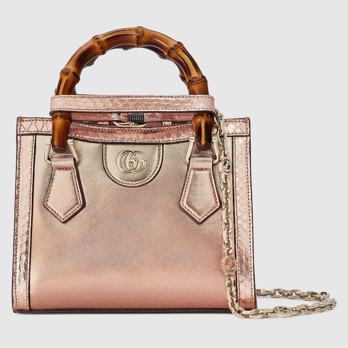 Gucci Diana mini tote bag with anaconda trim in copper lamé leather ...