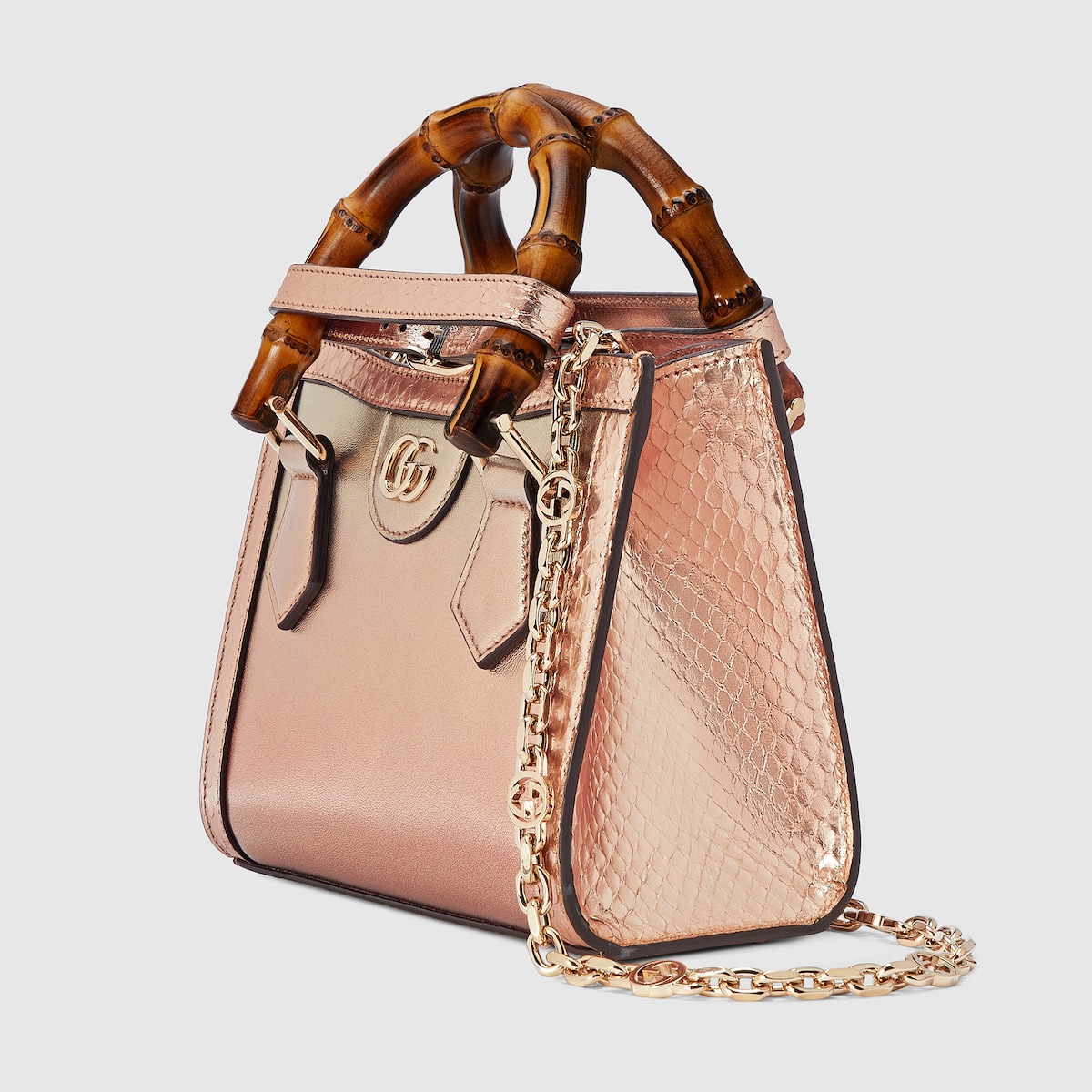 Gucci Diana mini tote bag with anaconda trim in copper lamé leather ...