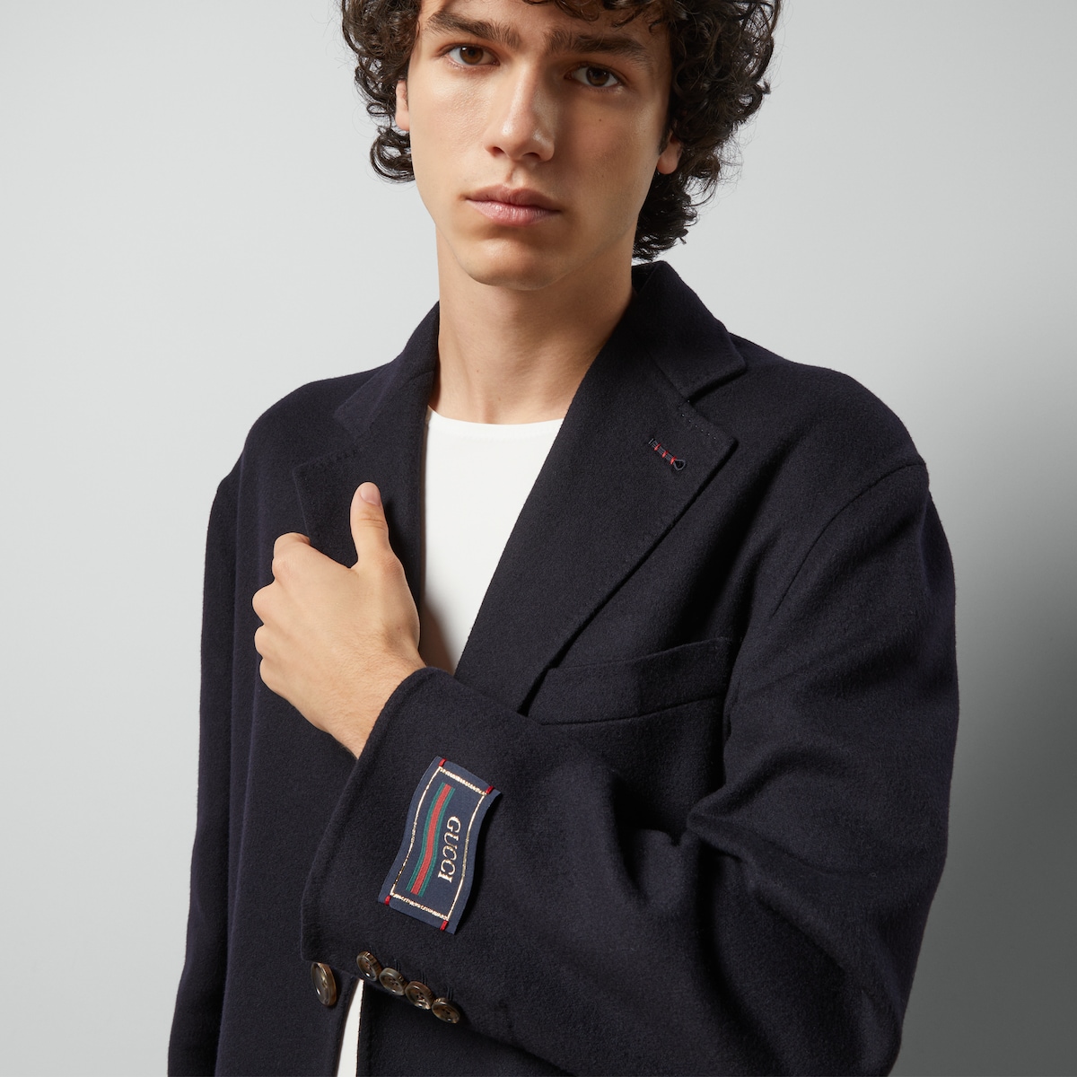 Lightweight wool coat with Web label in dark blue | GUCCI® UK