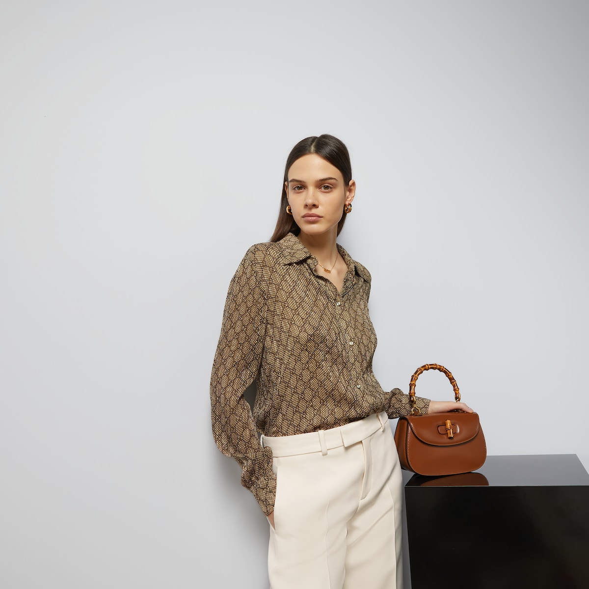 GG damier print silk shirt in beige and ebony | GUCCI® US