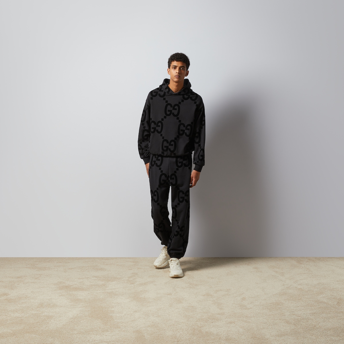 GG flocked print cotton fleece sweatpant in black GUCCI US