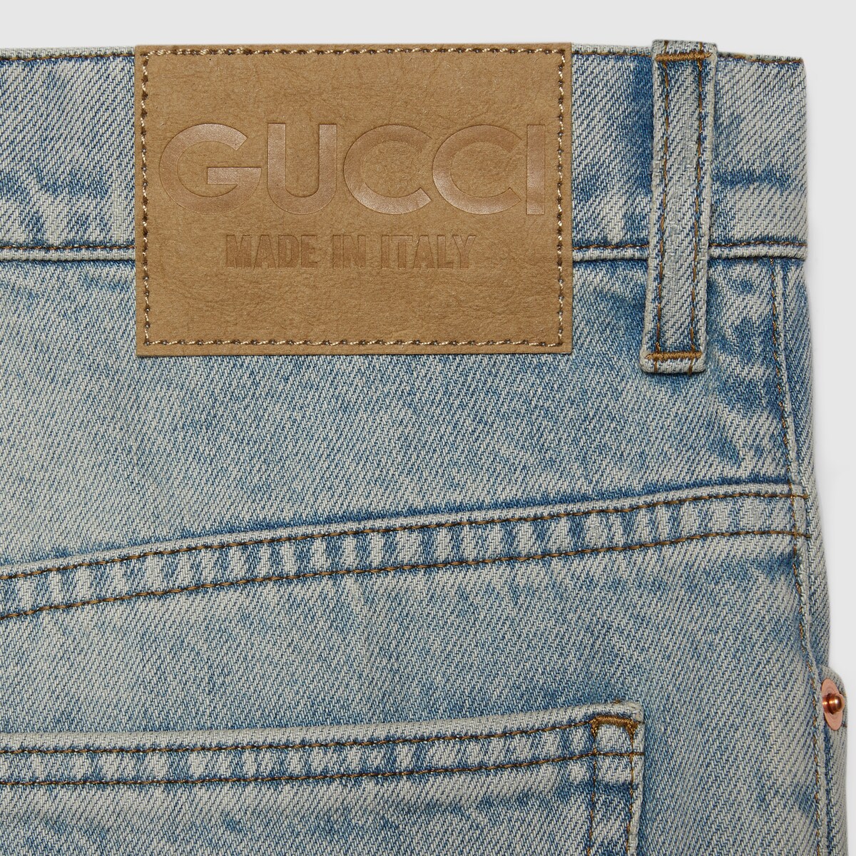 Washed denim pant with GG turn ups in light blue | GUCCI® Canada