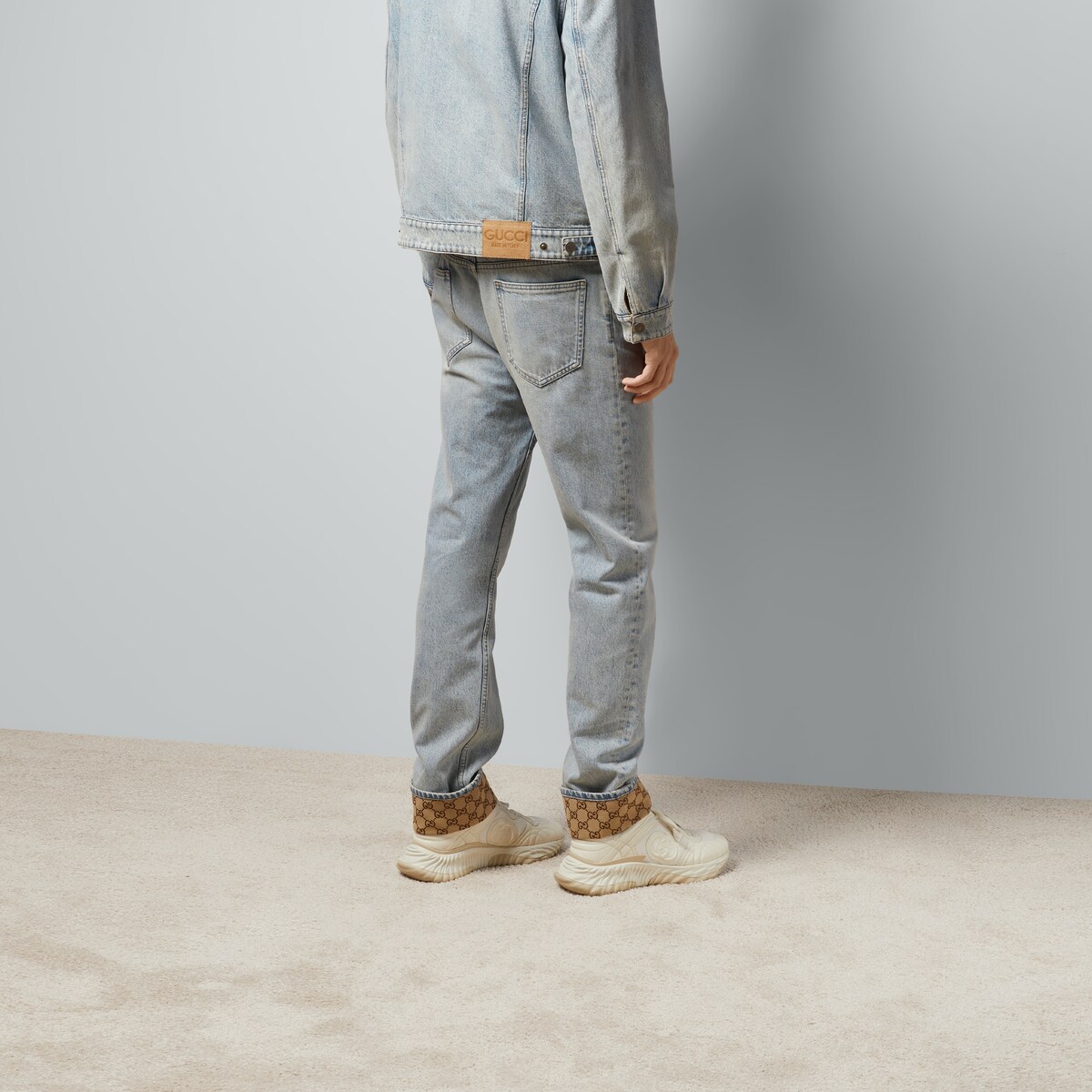 Washed denim pant with GG turn ups in light blue | GUCCI® Canada