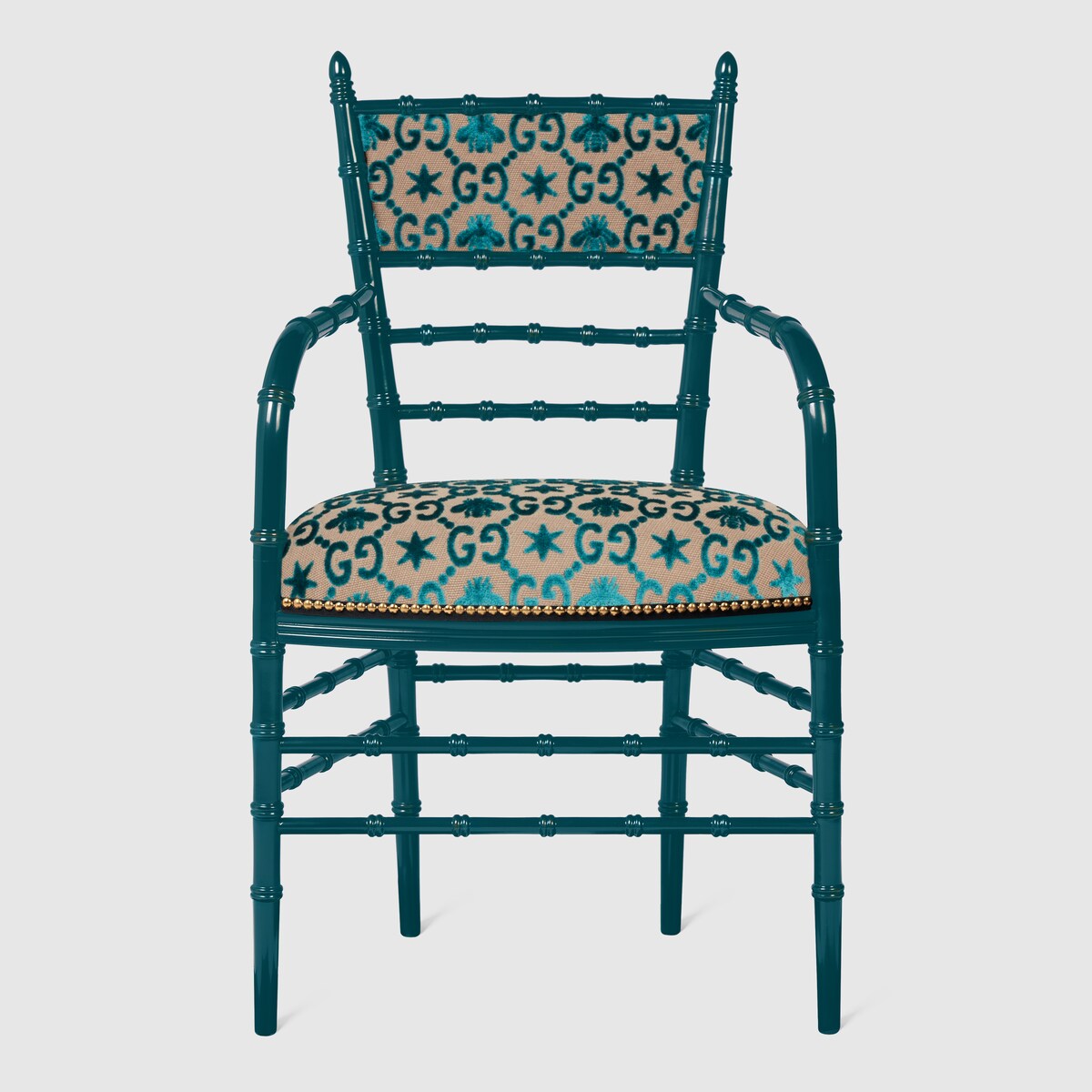 Chiavari GG bees chair with arm rest in turquoise and beige GG jacquard ...