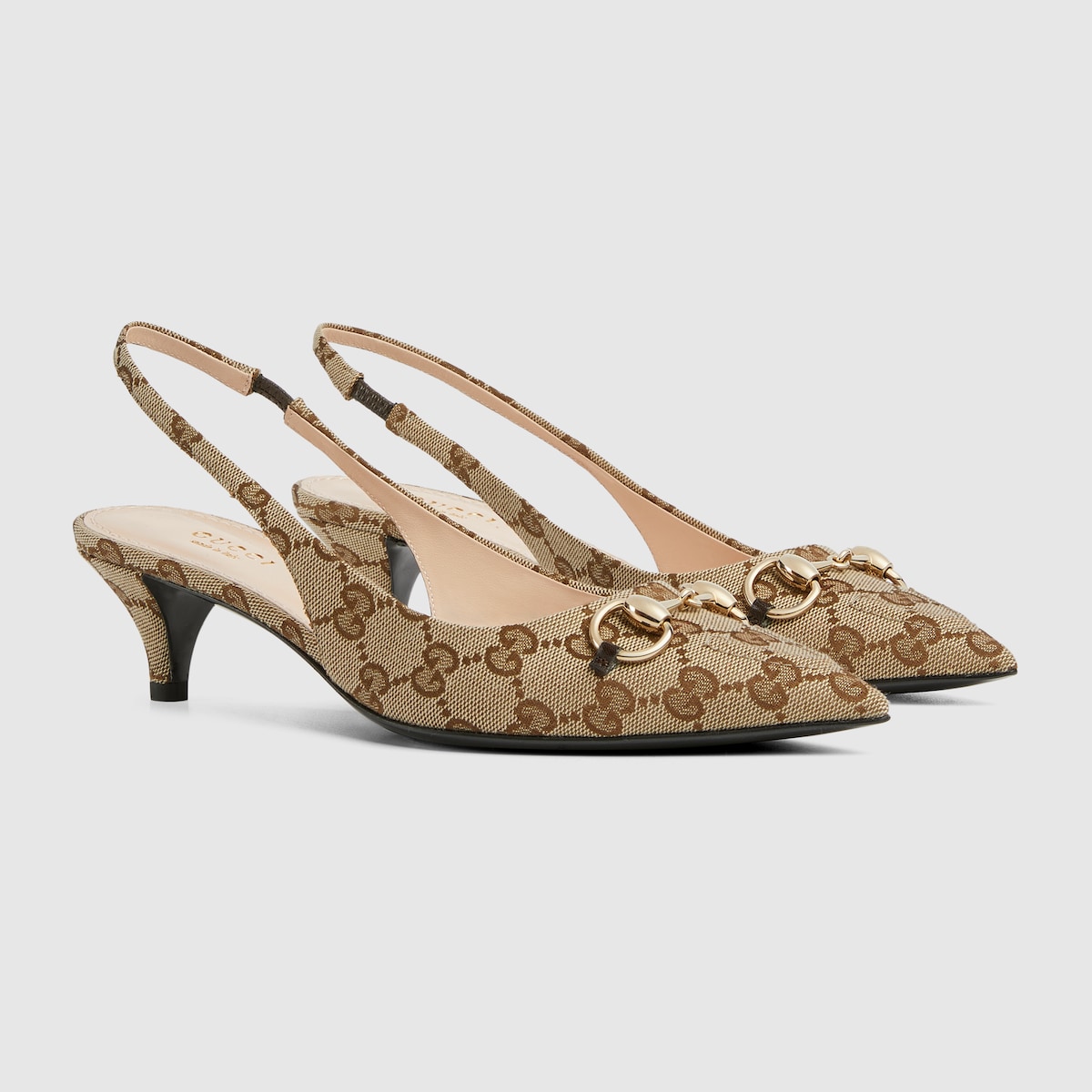 Women's slingback pump with Horsebit in beige and ebony canvas | GUCCI® US