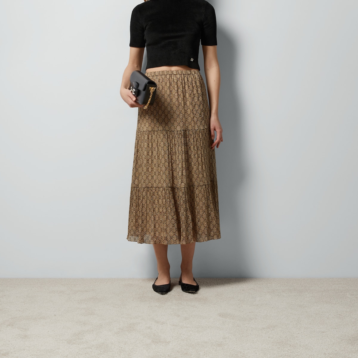 GG damier print silk skirt in beige and ebony | GUCCI® CA
