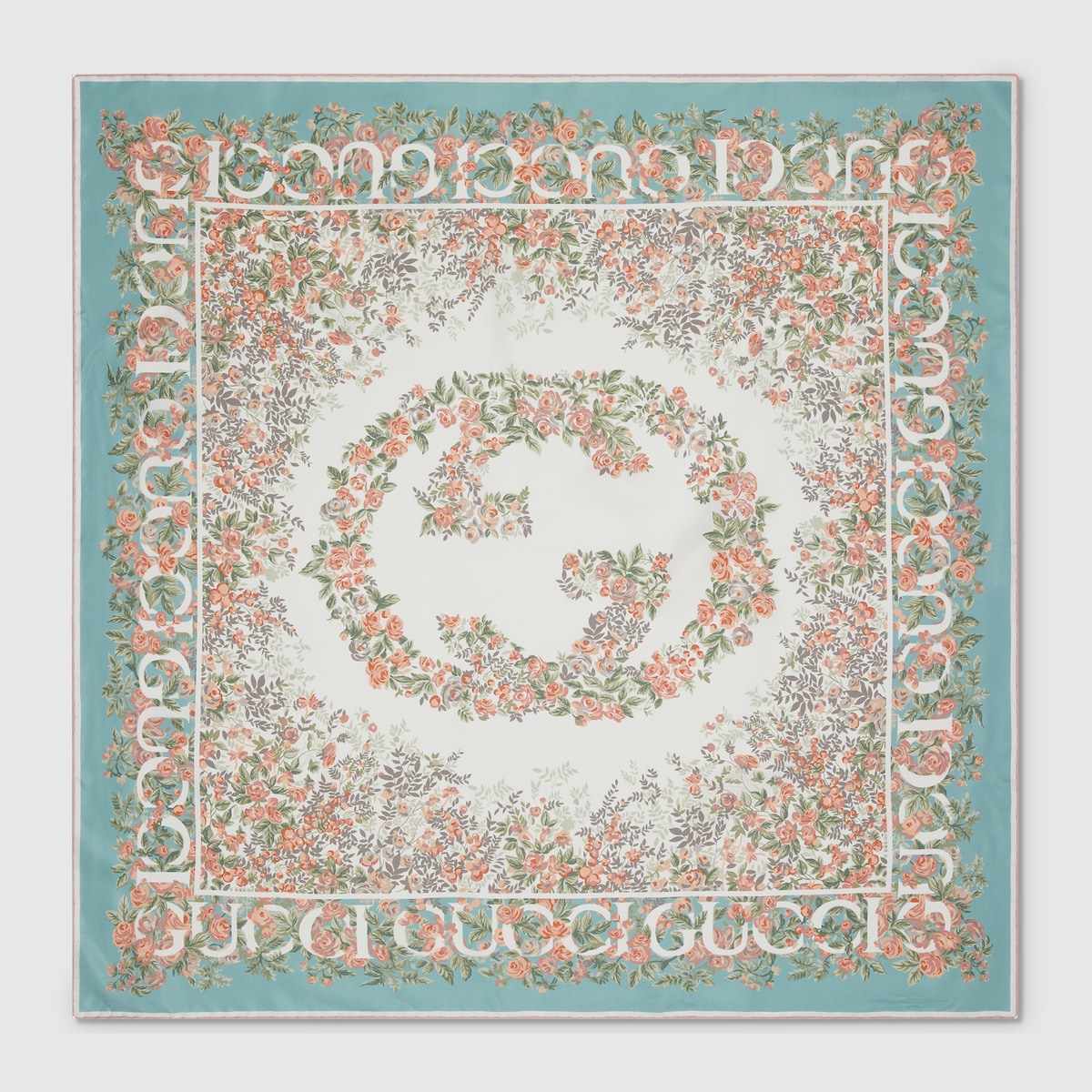 Printed silk twill carré in acquamarine and pink | GUCCI® US