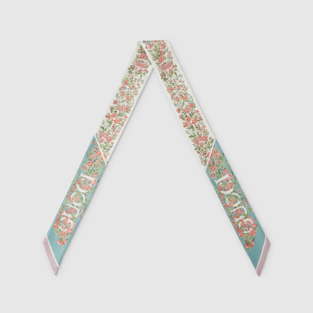 Printed silk ribbon in acquamarine and pink | GUCCI® AE