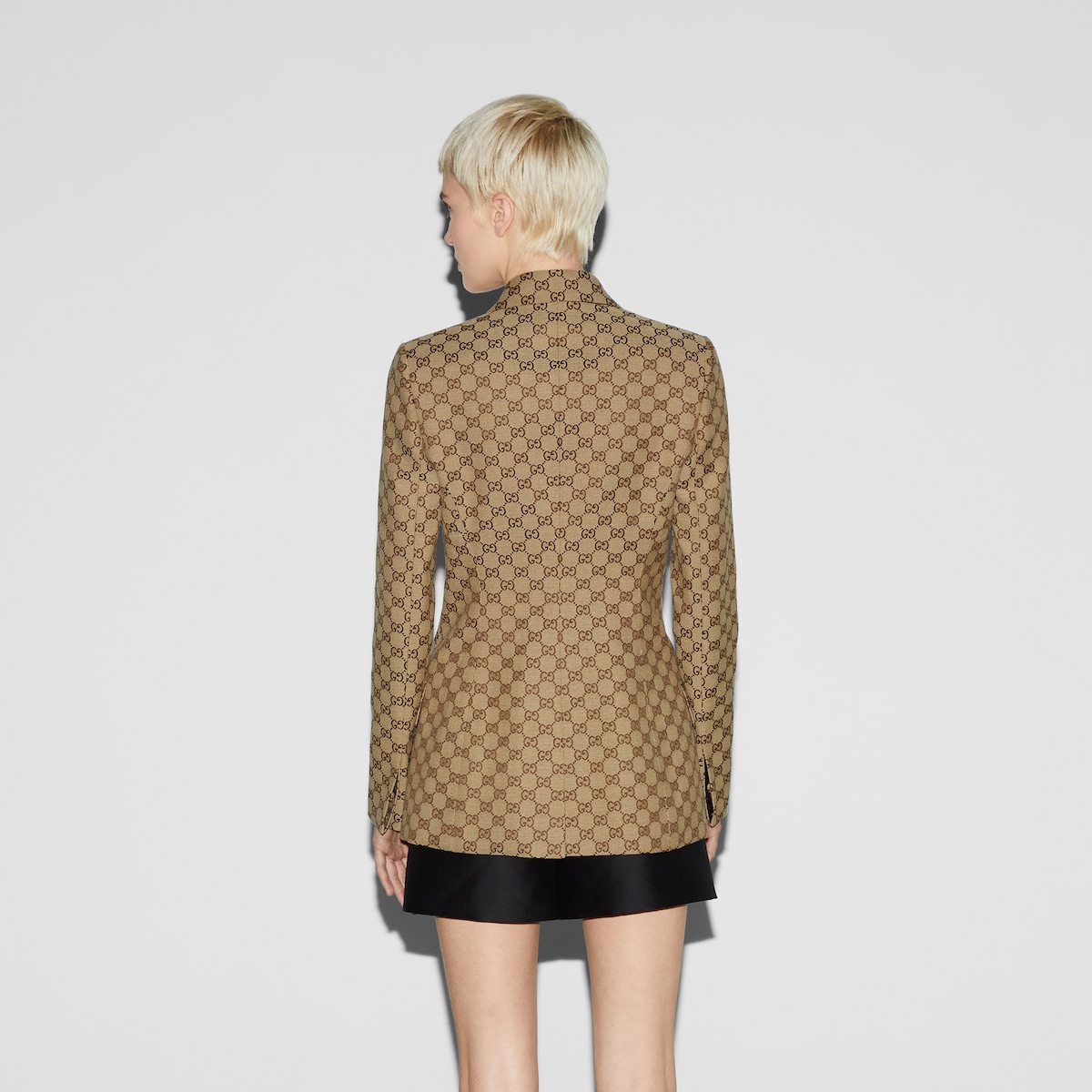 Double-breasted GG canvas jacket in camel and ebony | GUCCI® UK