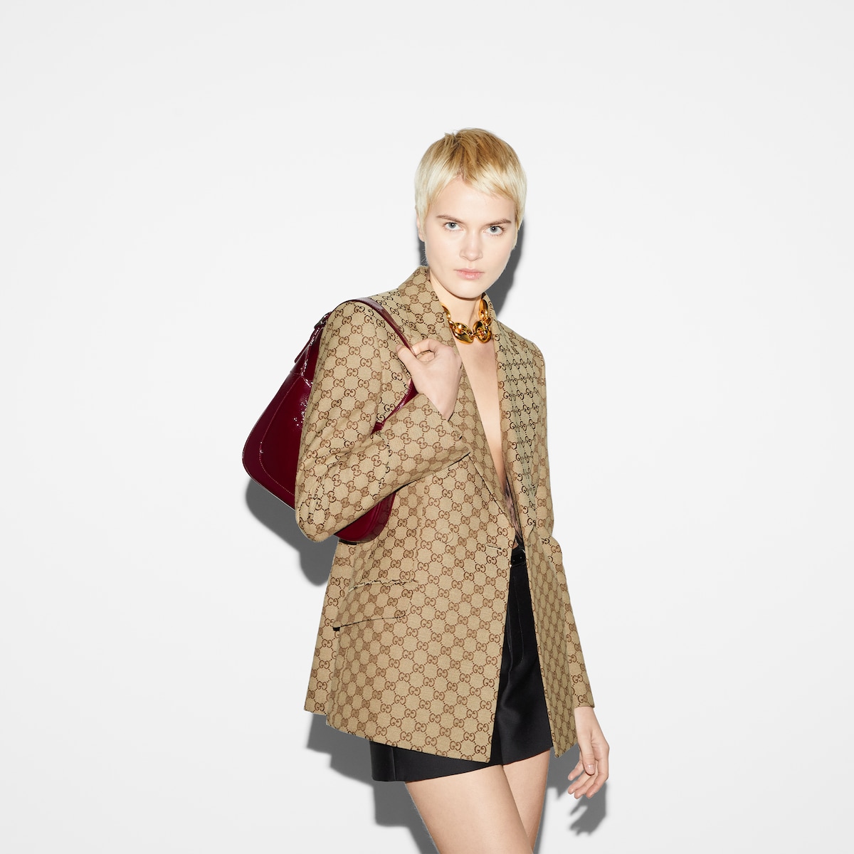 Double-breasted GG canvas jacket in camel and ebony | GUCCI® UK