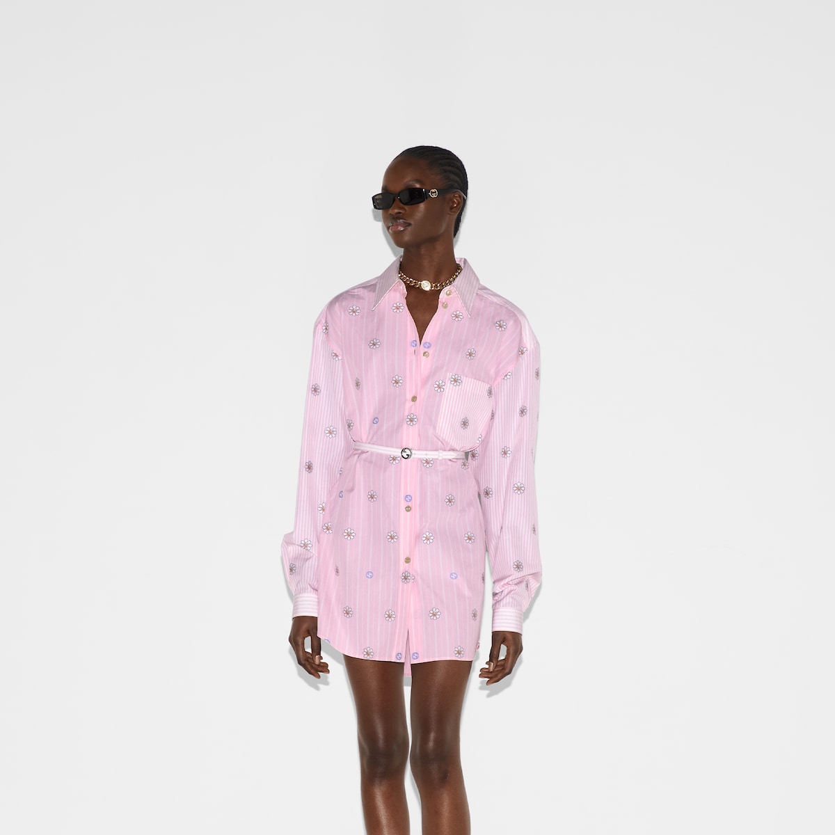 Striped cotton shirt dress in white and pink | GUCCI® Australia