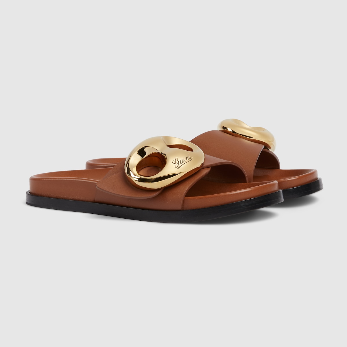 Women's Gucci Marina chain slide sandal in brown leather | GUCCI® SG