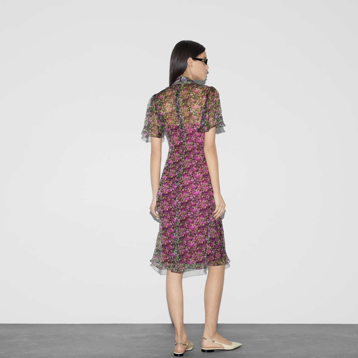 Floral print silk evening dress in fuchsia and green | GUCCI® PT