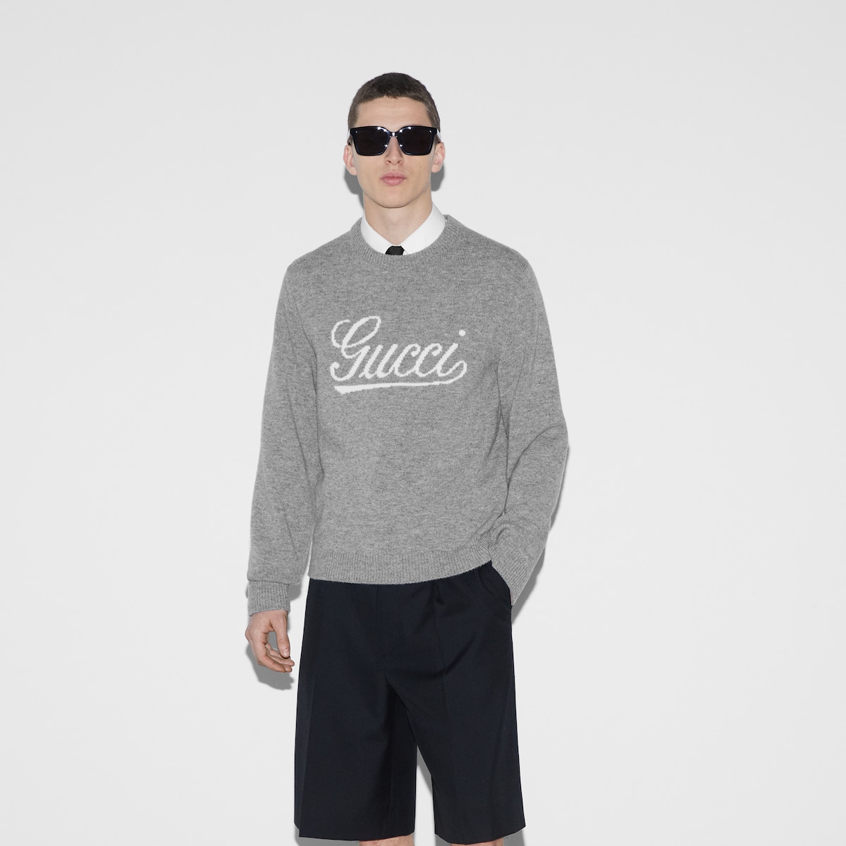 Wool sweater with Gucci intarsia in grey | GUCCI® US