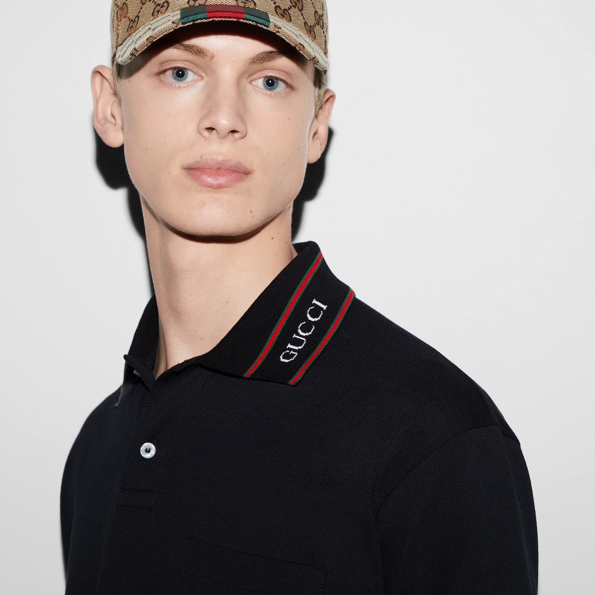Cotton piquet polo shirt with Web in black | GUCCI® Canada