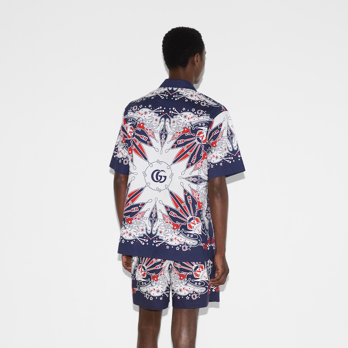 Double G bandana print cotton shirt in white and dark blue | GUCCI® UK