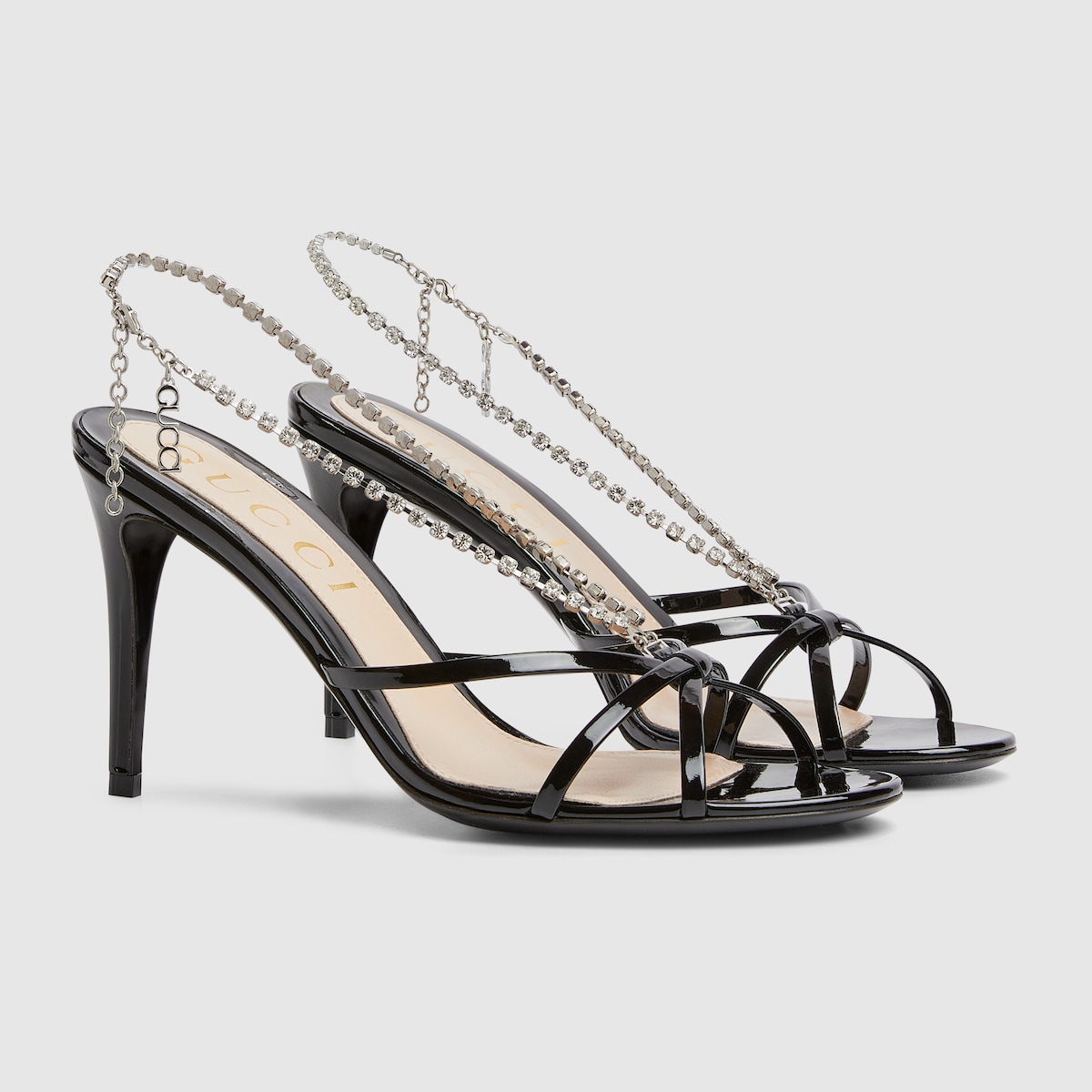 Women's crystal chain sandal in black patent leather | GUCCI® UK