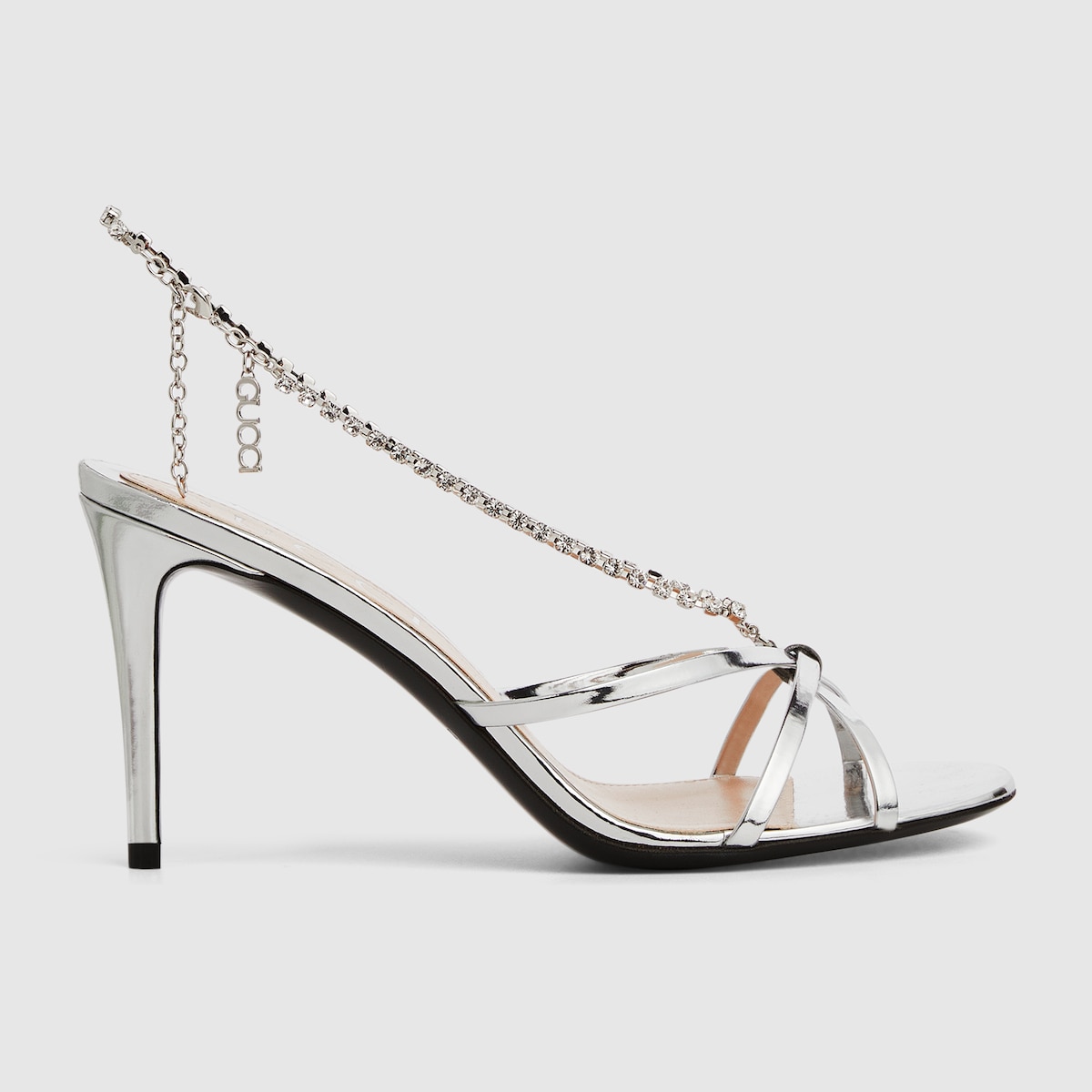 Women's crystal chain sandal in metallic silver leather | GUCCI® AE