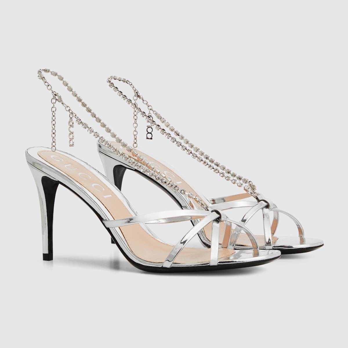 Women's crystal chain sandal in metallic silver leather | GUCCI® AE