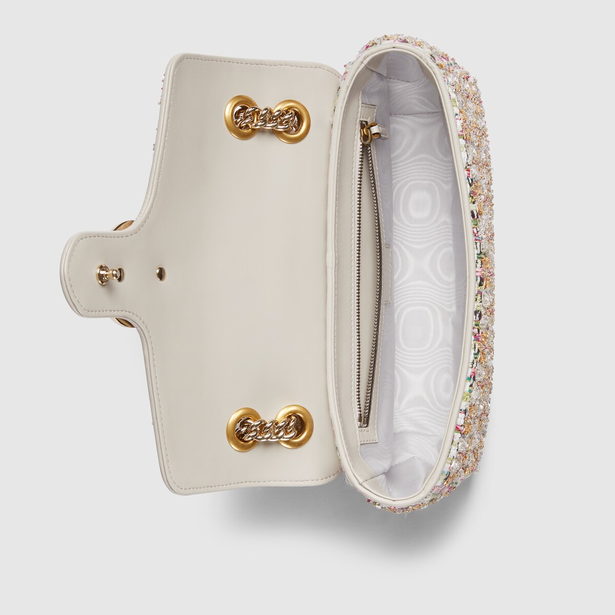 GG Marmont crystals medium shoulder bag in oatmeal tweed | GUCCI® UK