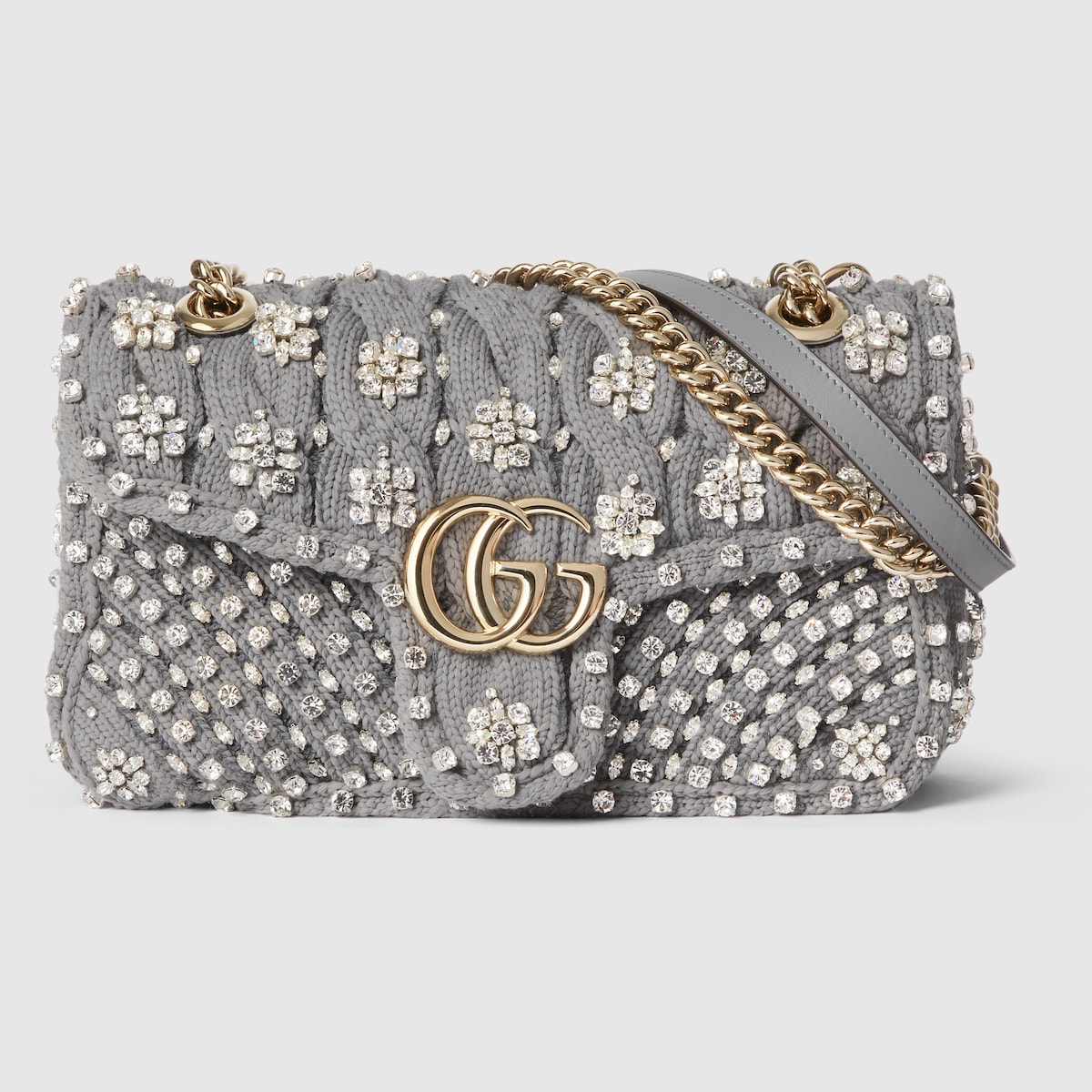 GG Marmont crystals medium shoulder bag in grey wool | GUCCI® UK