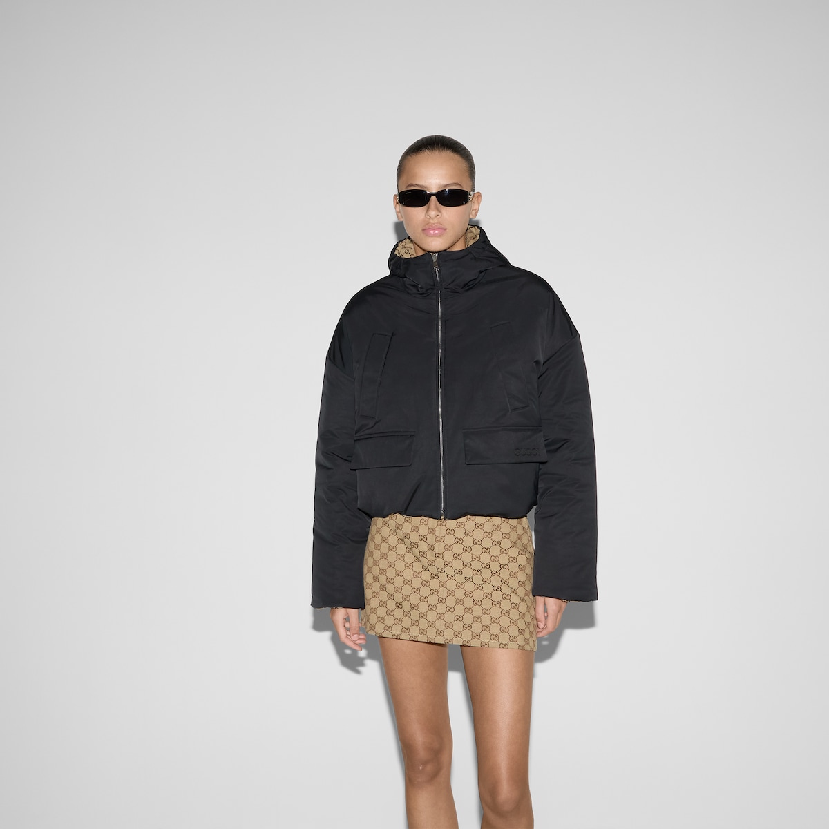 Reversible polyester bomber jacket in black and camel | GUCCI® SG